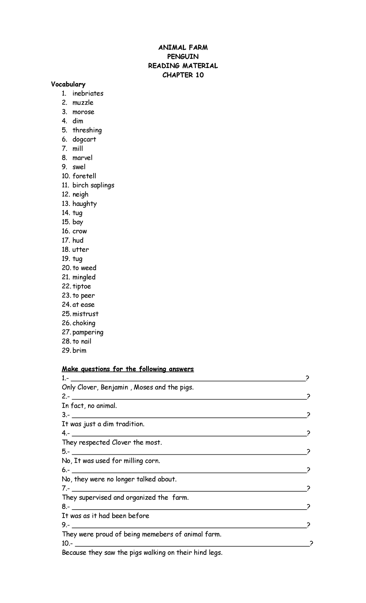 Animal Farm Chapter 10 Study Guide & Vocabulary List - Studocu