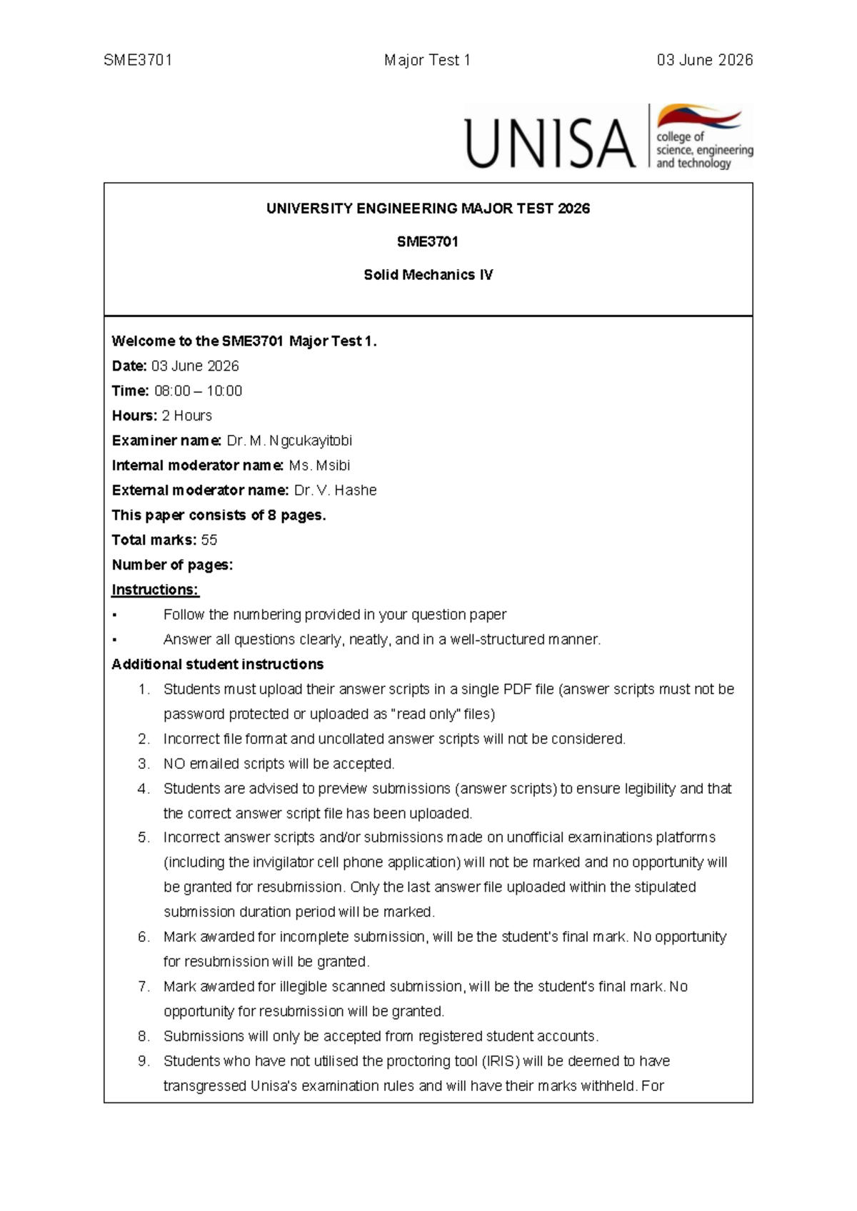SME3701 Major Test 1 - Solid Mechanics IV - Studocu