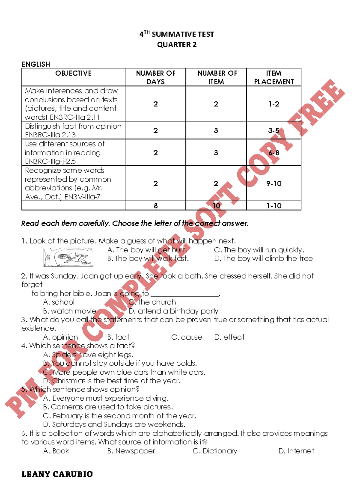 4TH Summative TEST Q2 - NOTES - 4 TH SUMMATIVE TEST QUARTER 2 ENGLISH ...