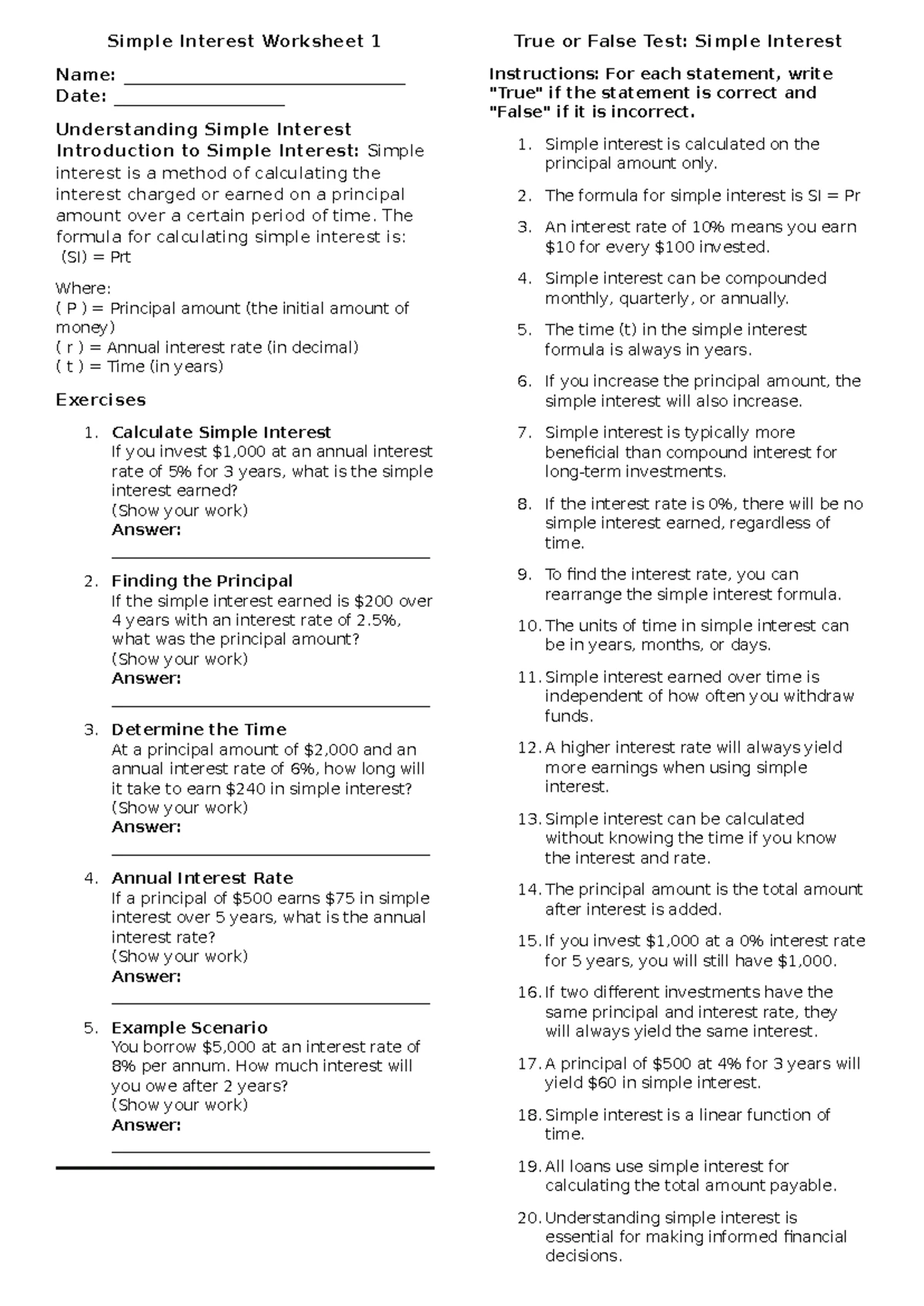 Simple Interest Worksheet 2 - Formula: Simple Interest(SI) = Prt Where ...