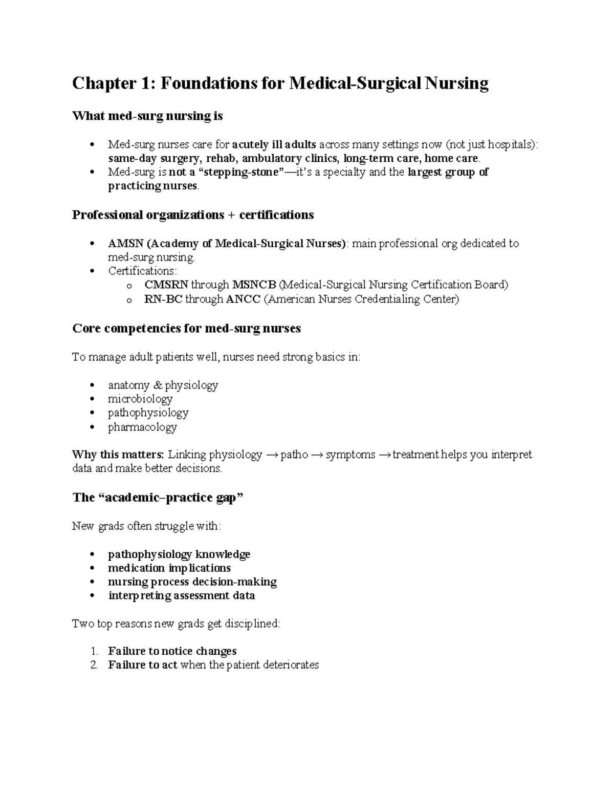 Med Surg NUR 101: Chapter 1 Foundations for Nursing Notes - Studocu