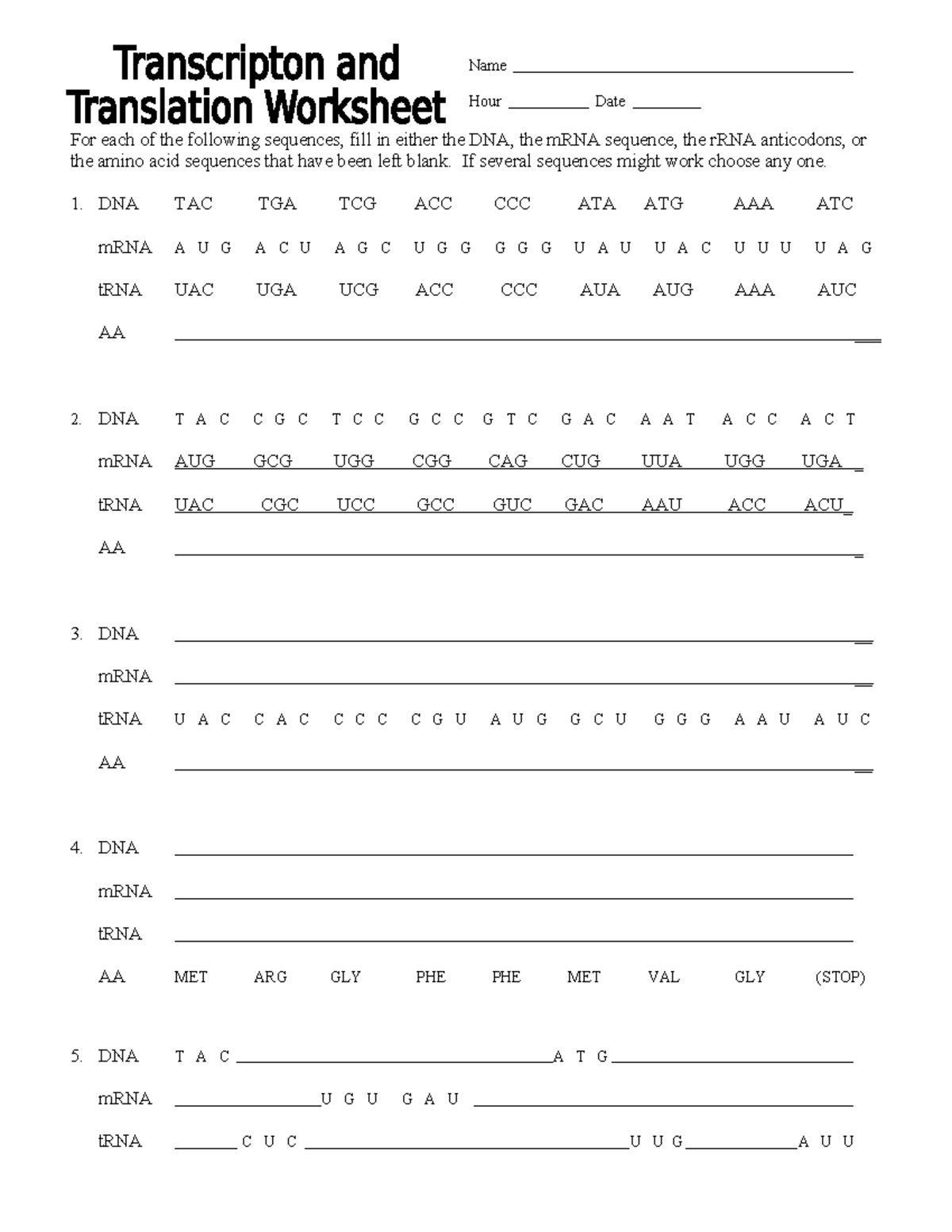 Transcription and Translation Worksheet (BIO101) - Studocu