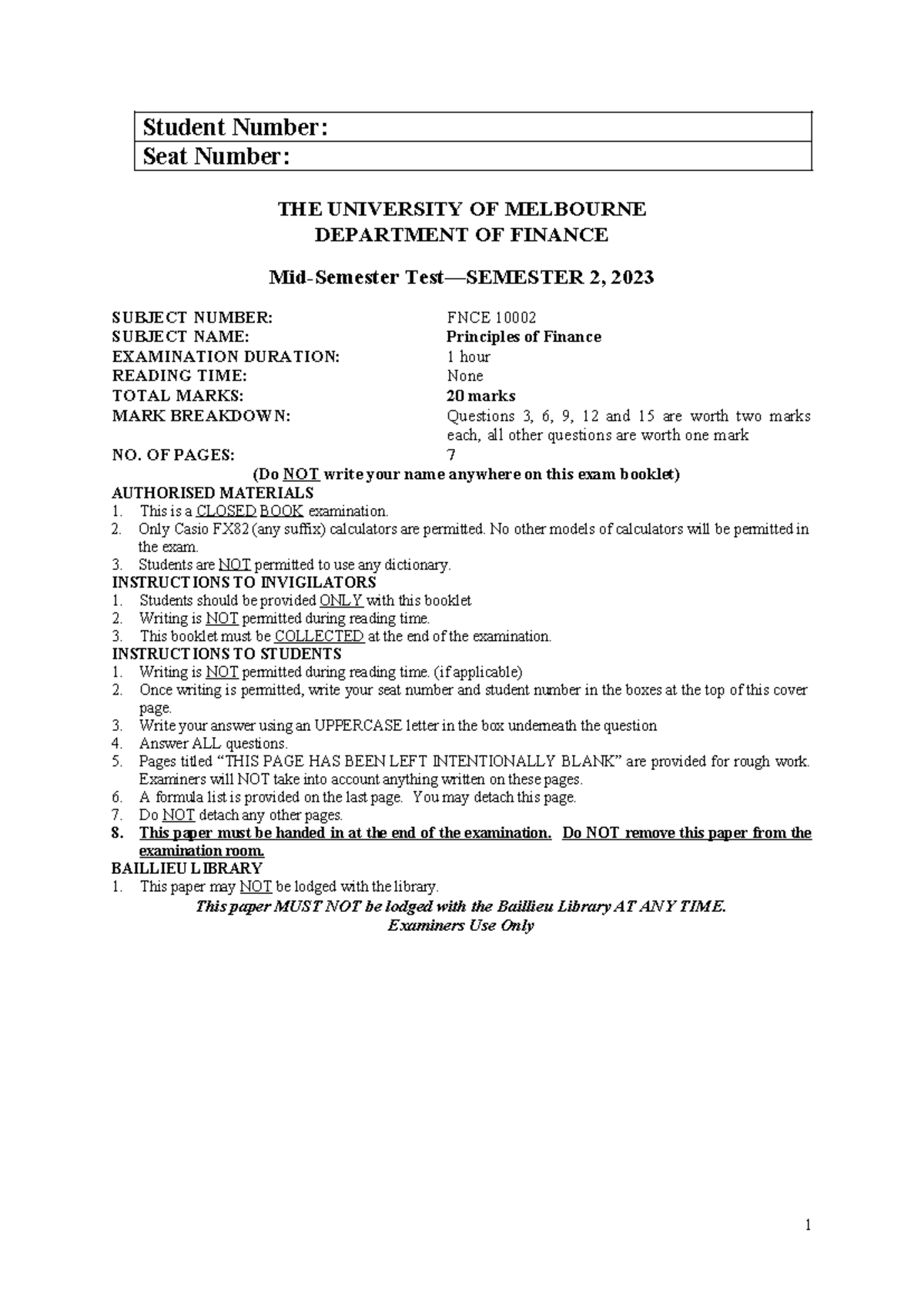 FNCE 2023 Mid-Semester Test: Principles of Finance Exam - Studocu