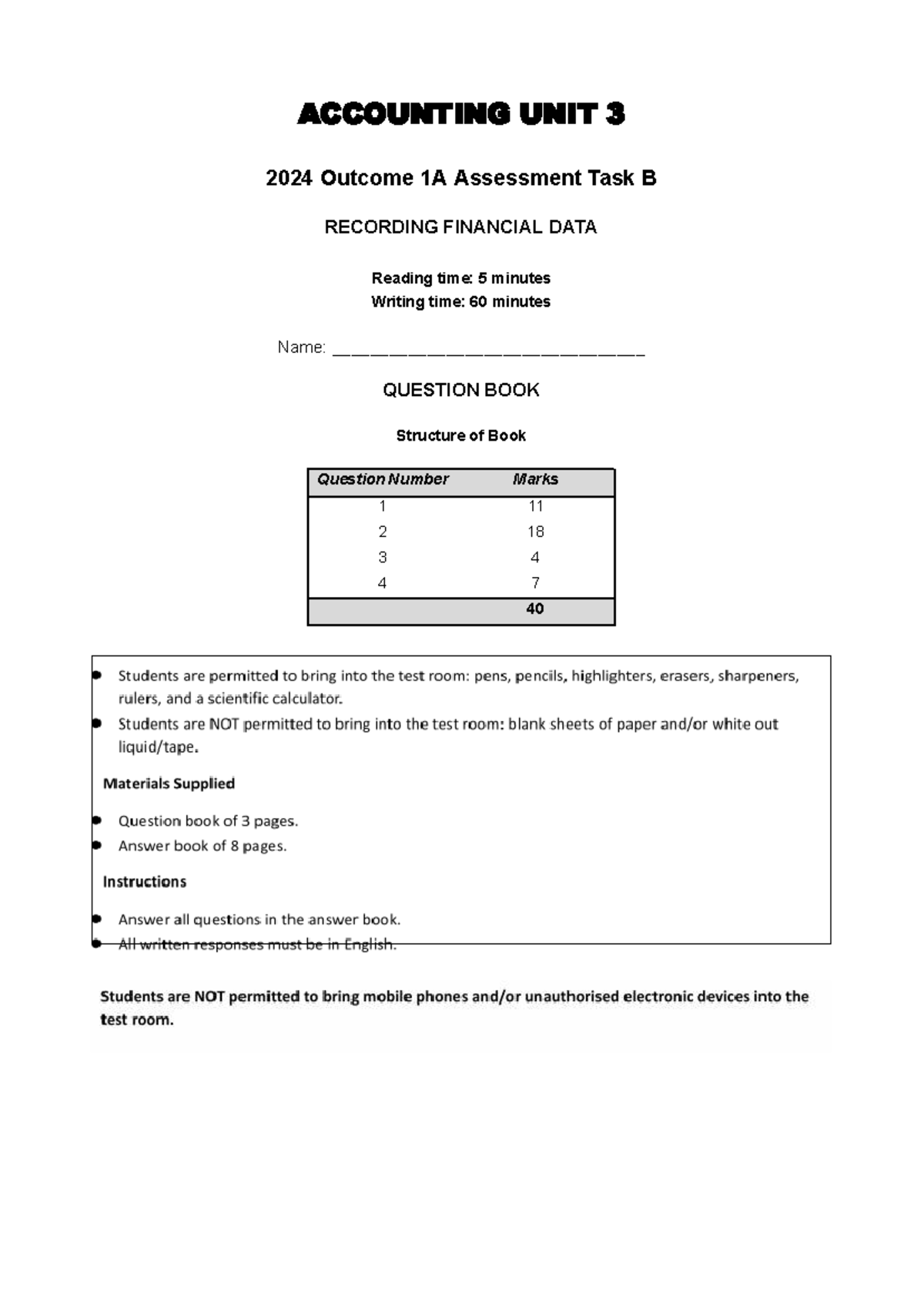 12ACC U3 AOS1A 2024 Financial Data Recording Assessment Task B - Studocu