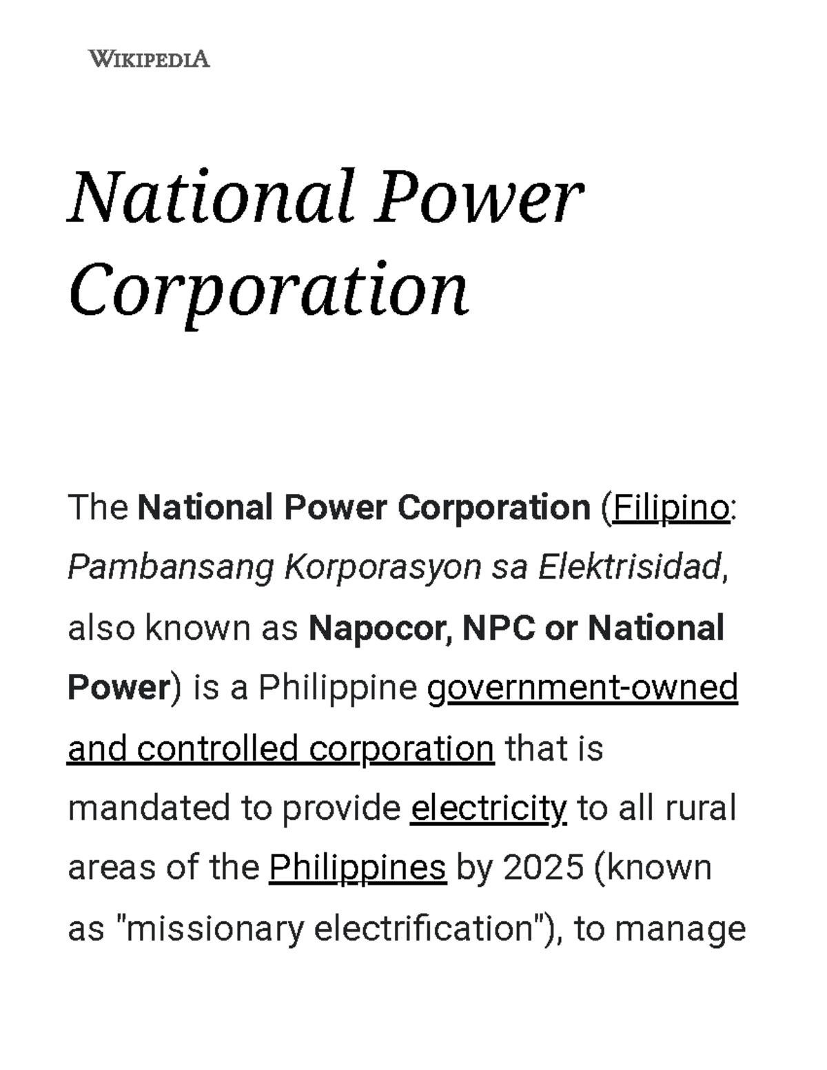 Overview of National Power Corporation (NPC): History & Mission - Studocu