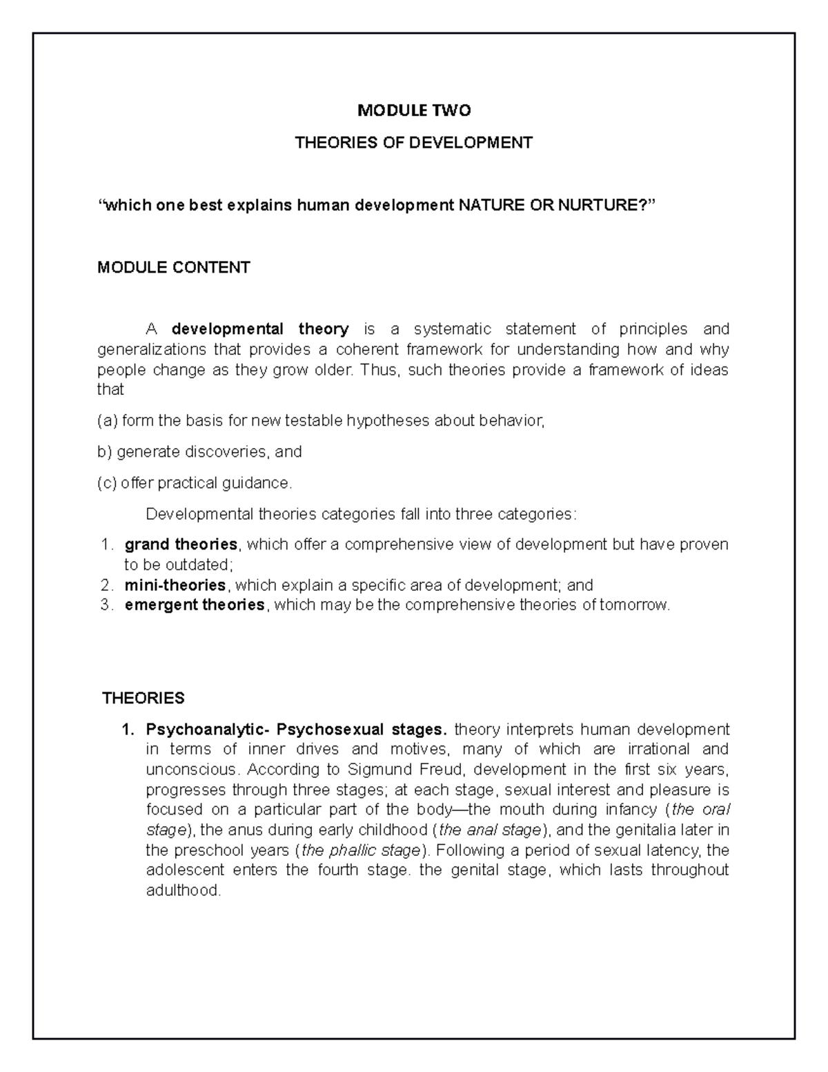 Theories of Human Development: Nature vs. Nurture Analysis (Module 2 ...