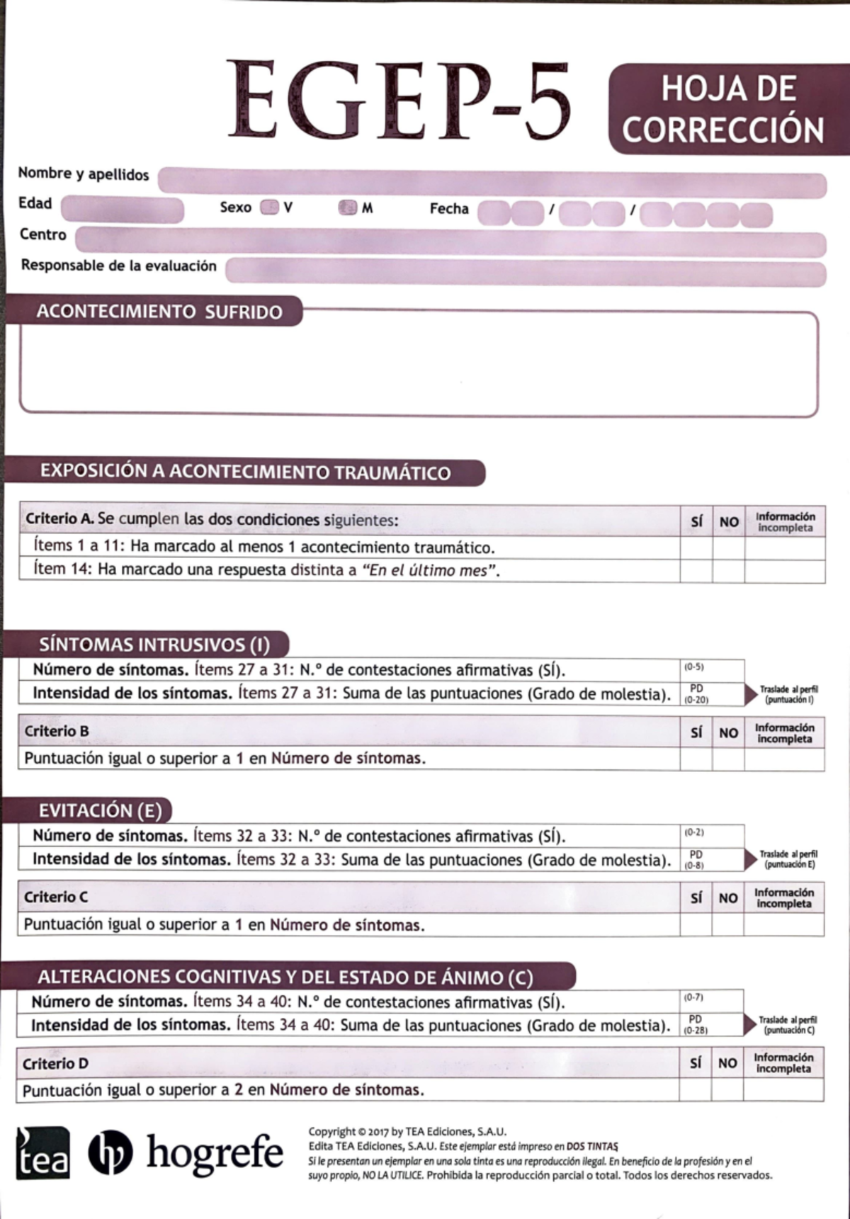 EGEP-5 - Evaluación de Estrés Postraumático: Formato de Corrección ...