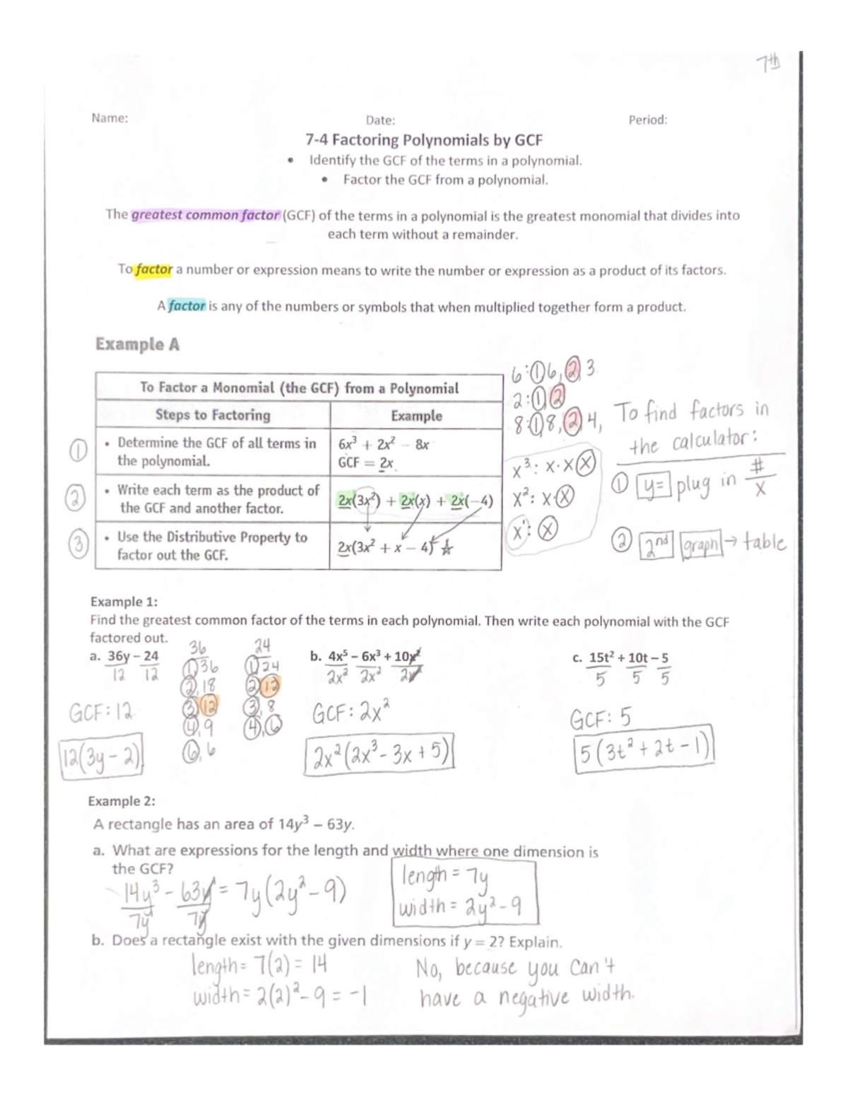 Lesson 7-4 Factoring Polynomials by GCF Key - 7th Name: Date: Period ...