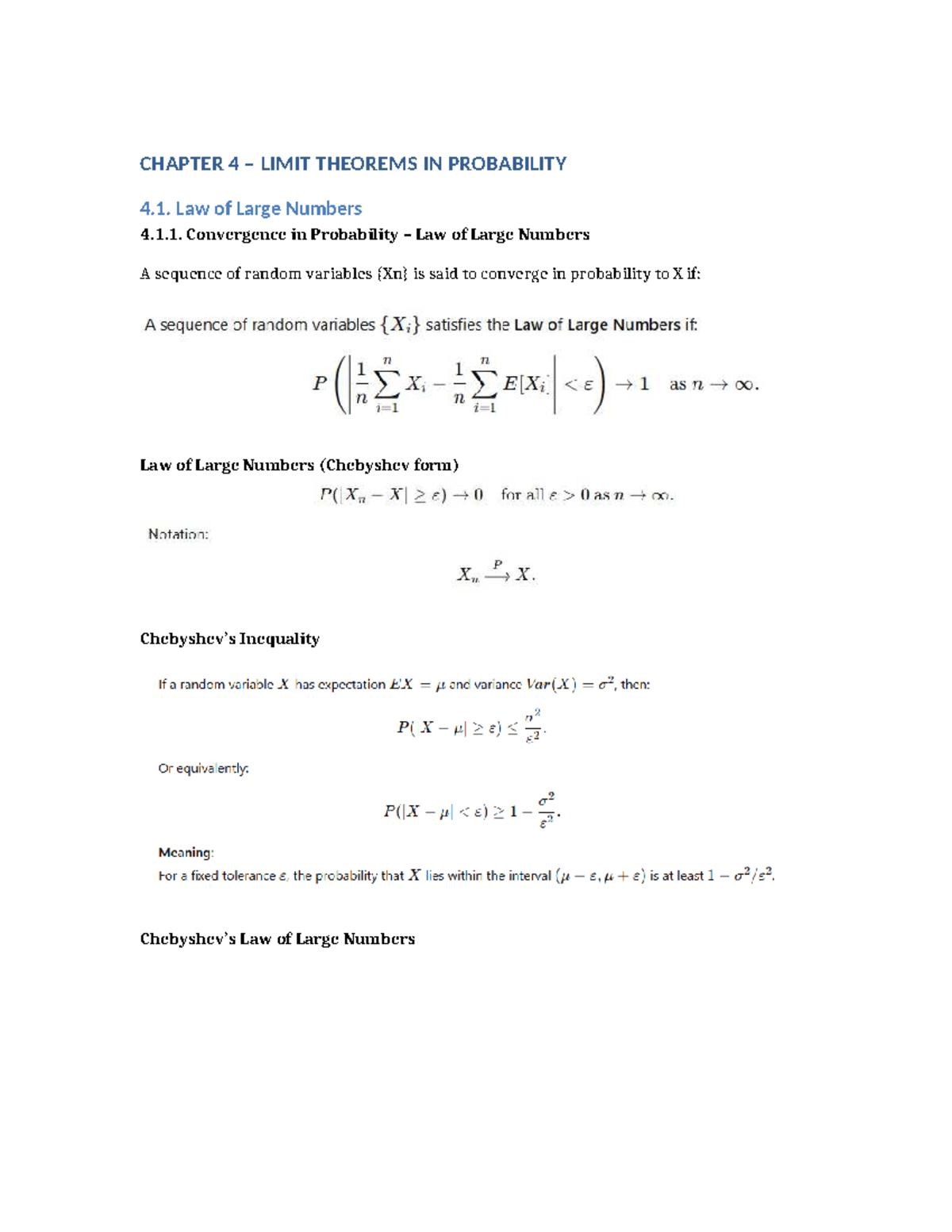 CHAPTER 4: LIMIT THEOREMS IN PROBABILITY - LAW OF LARGE NUMBERS - Studocu