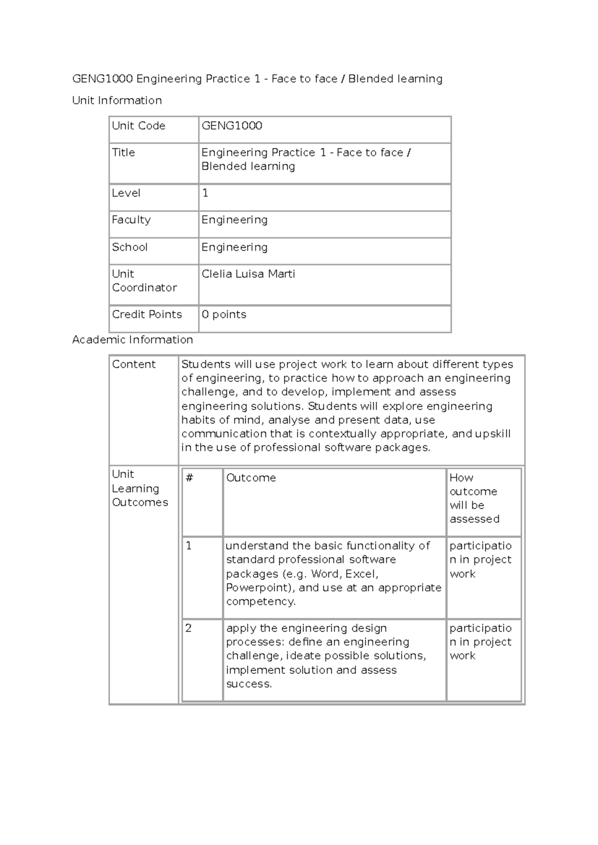 GENG1000 Engineering Practice 1 Course Outline and Unit Info - Studocu