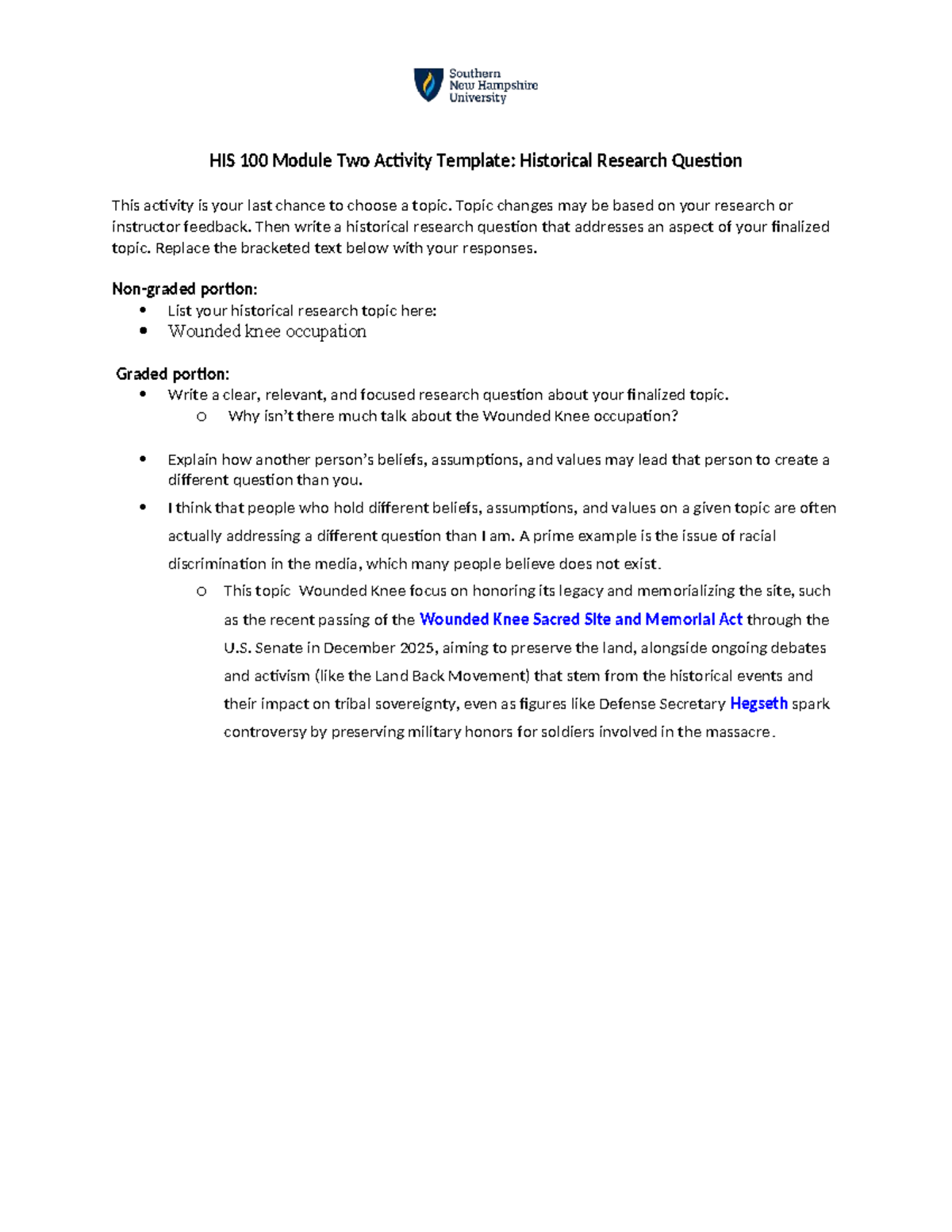 HIS 100 Module Two Activity: Research Question on Wounded Knee - Studocu