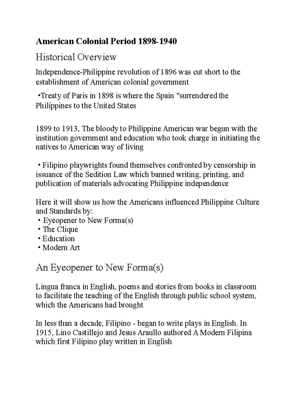 American Colonial Period 1898: Impact on Philippine Culture & Art - Studocu