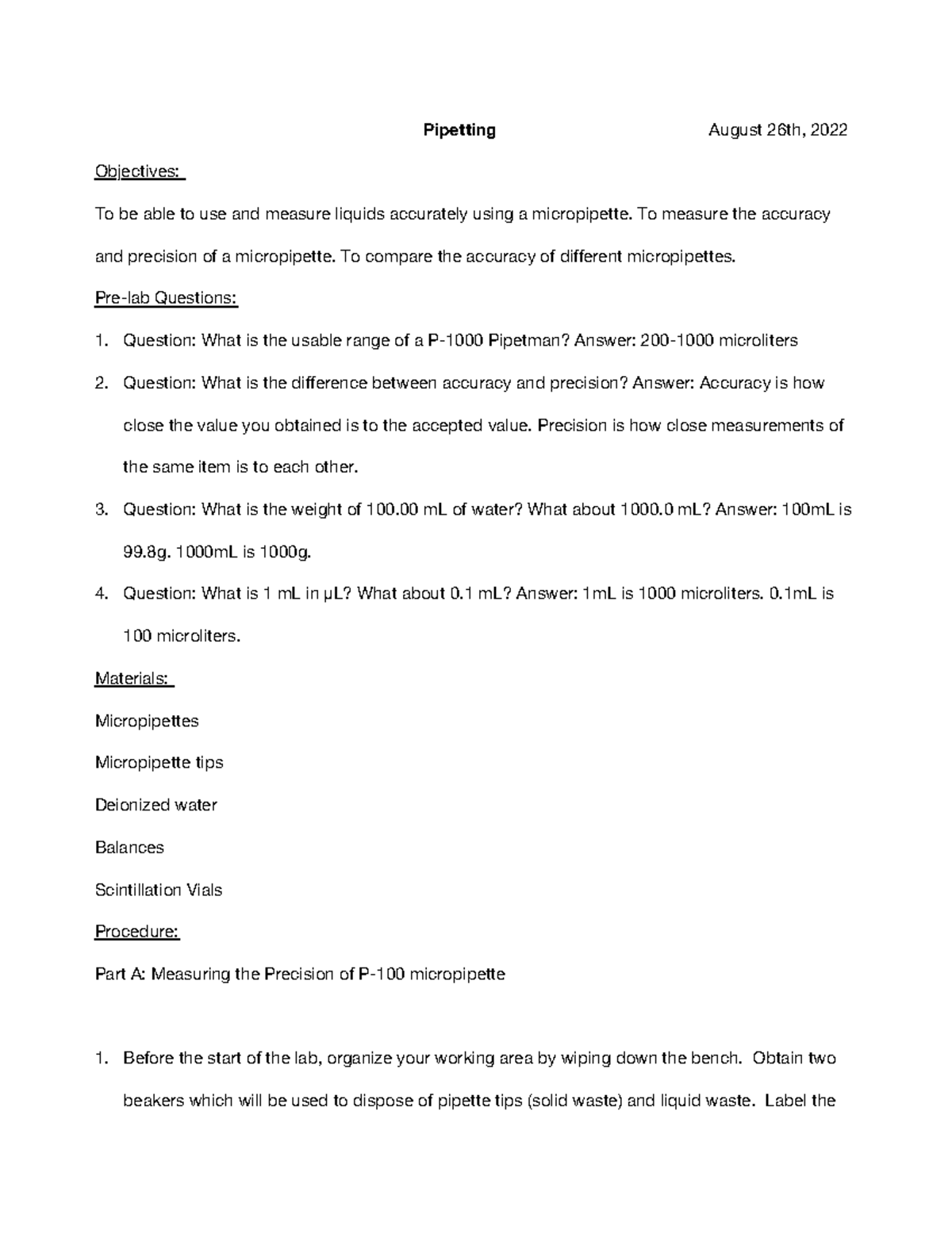 Pipetting Lab Report - Analysis of Precision & Accuracy Measurements ...