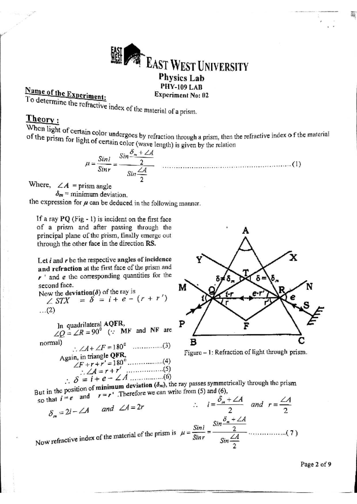 (Exp2) Physics Lab: Determining the Refractive Index of a Prism - Studocu