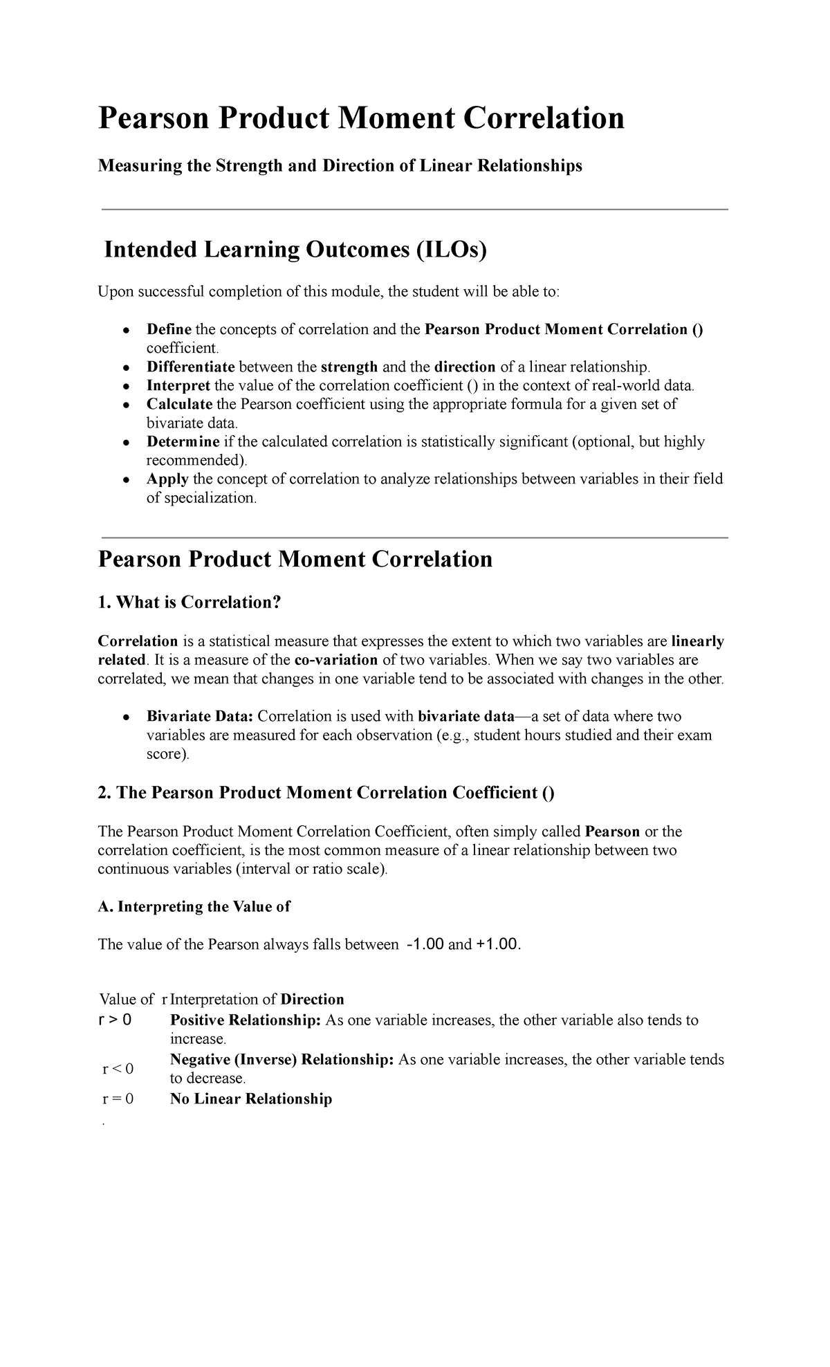Module - Pearson Product Moment Correlation: Understanding Linear ...