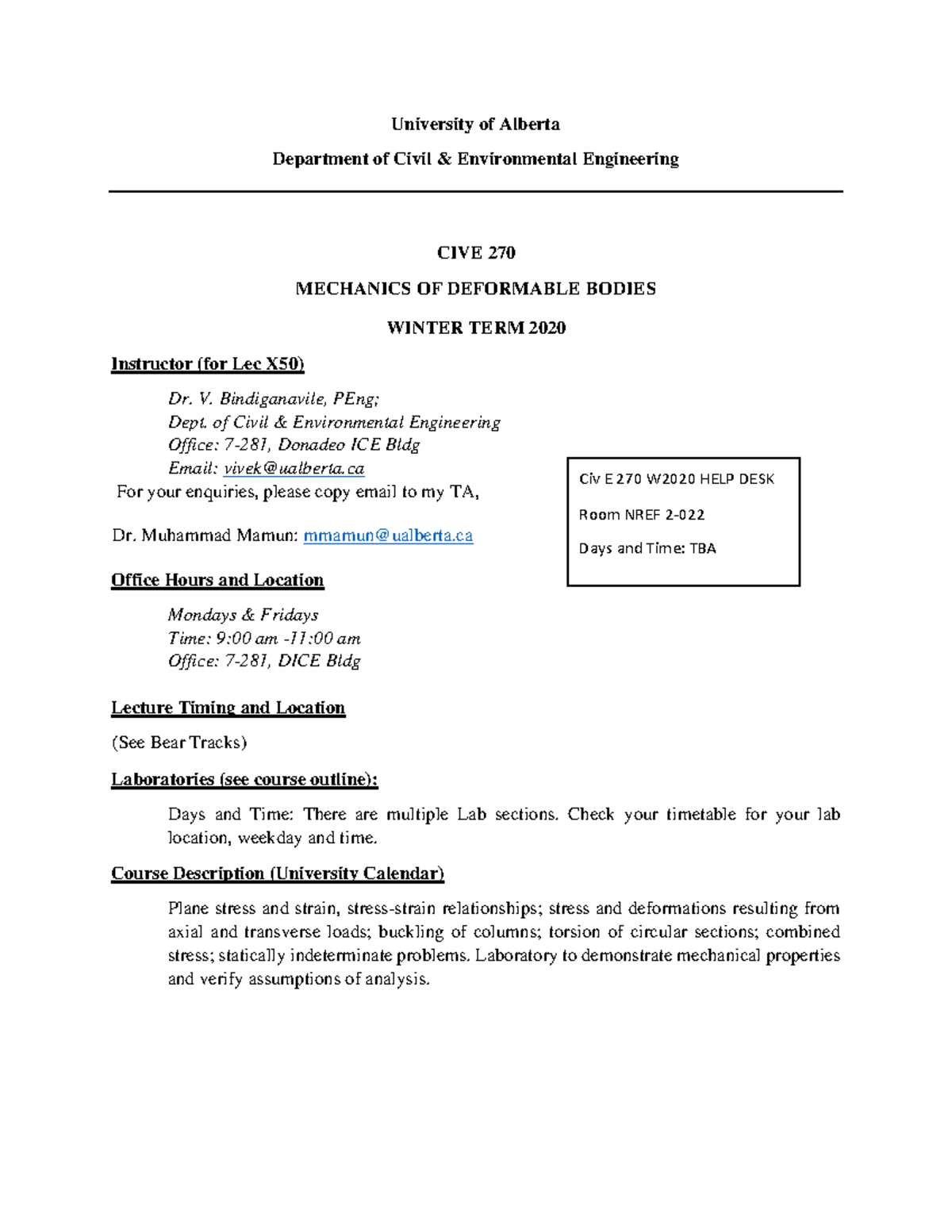 CIVE 270 Short Syllabus, W2020 - Warning: TT: undefined function: 32 University of Alberta - Studocu