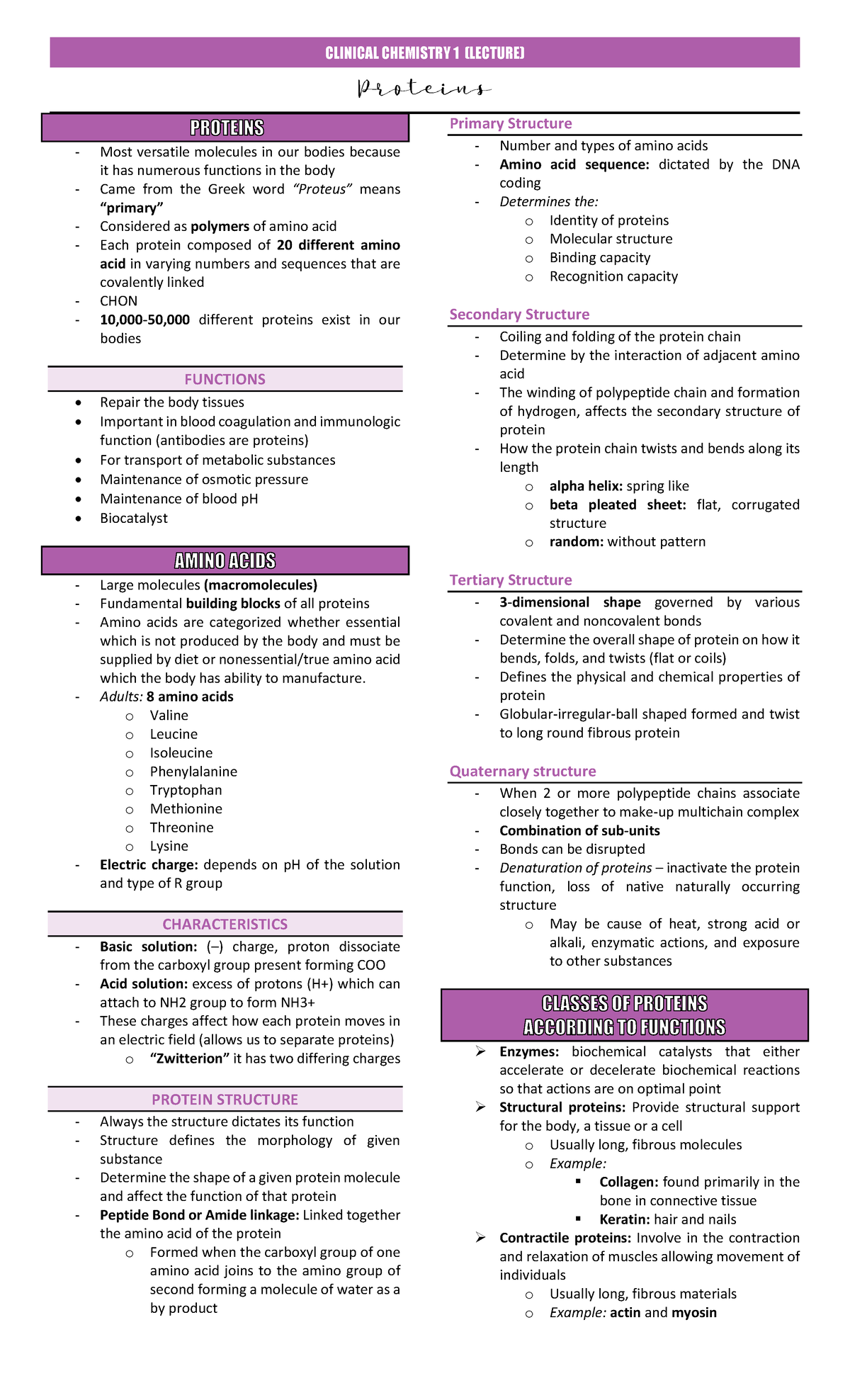 CLINICAL CHEMISTRY 1 (LECTURE) Protein Structure and Functions Overview ...