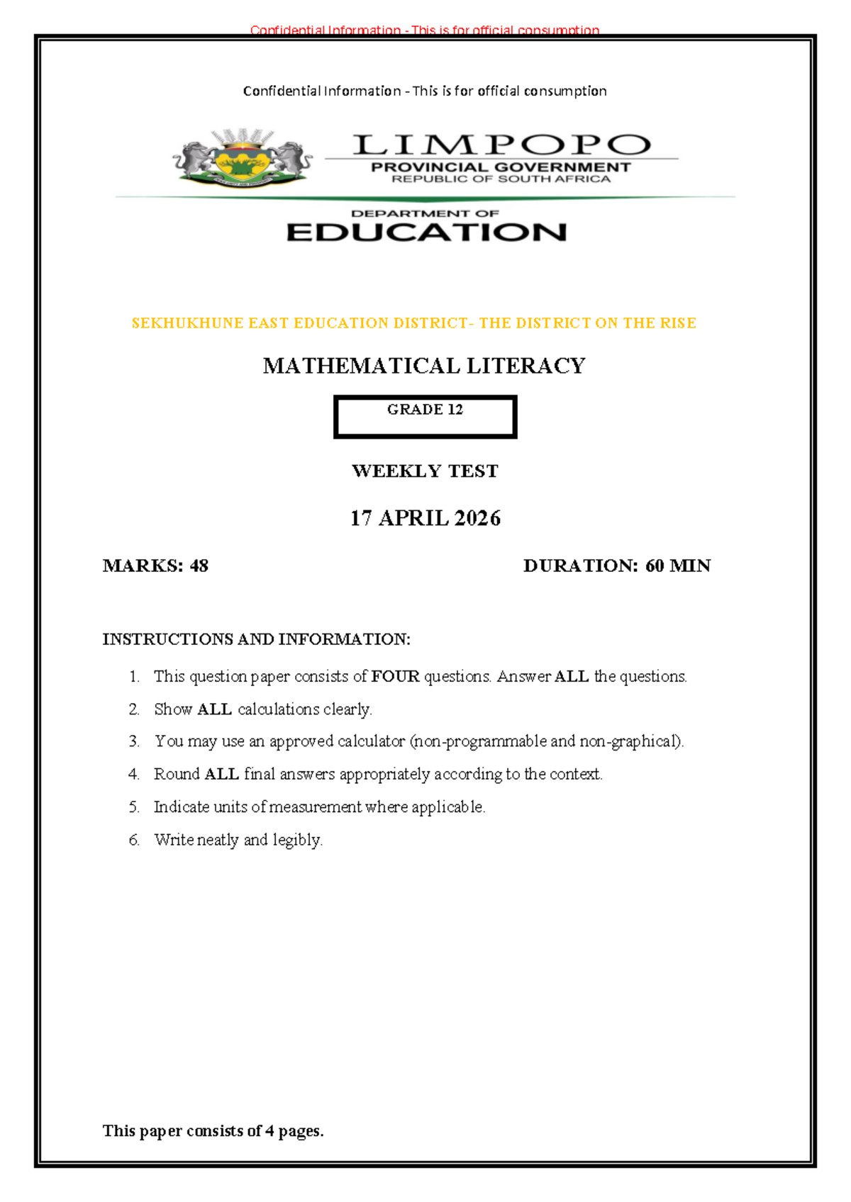 MLIT GR 12 Weekly Test - Mathematical Literacy - 17 April 2026 - Studocu