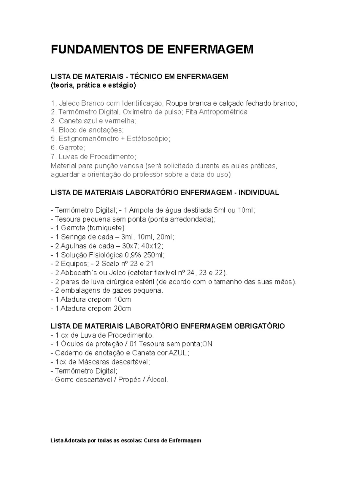 Materiais Necessários para Aula Prática de Enfermagem - TÉCNICO ENF - Studocu