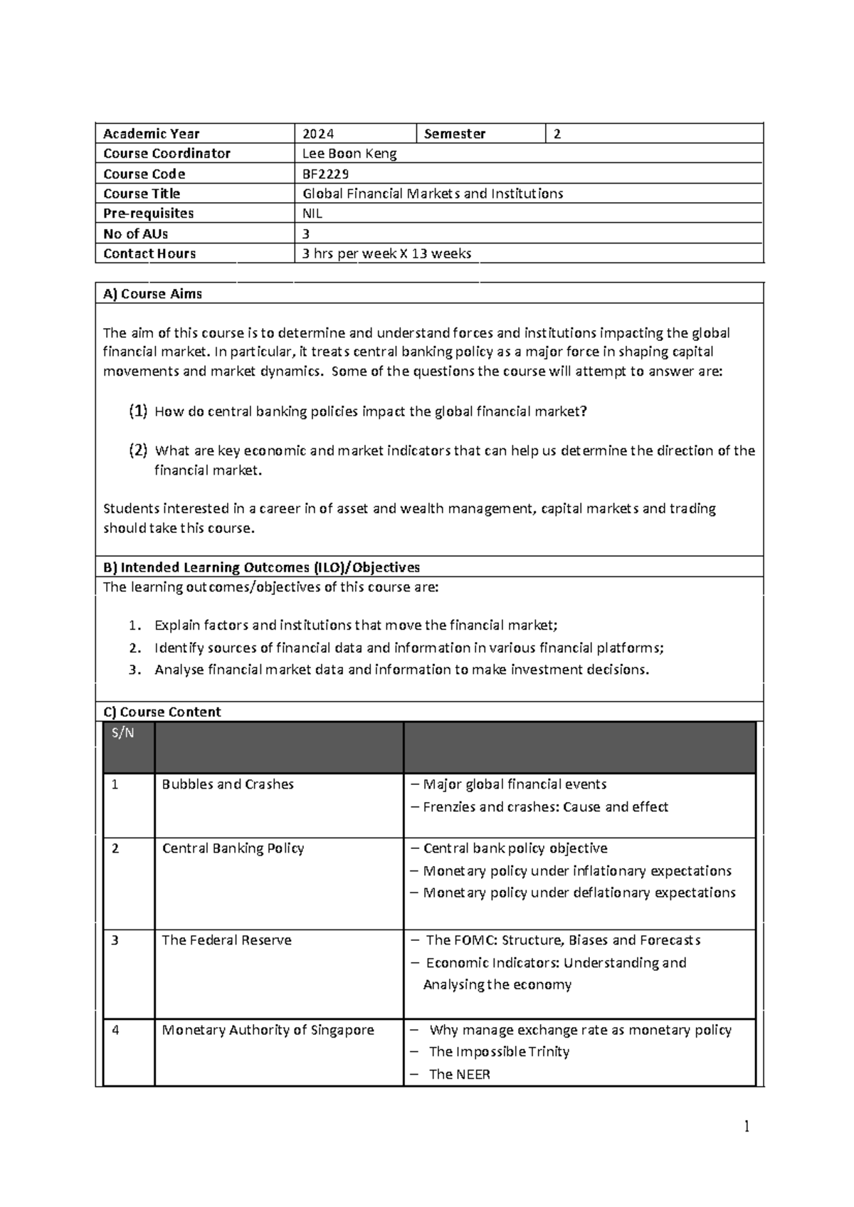 Course Outline: Global Financial Markets & Institutions (FIN 2024 ...
