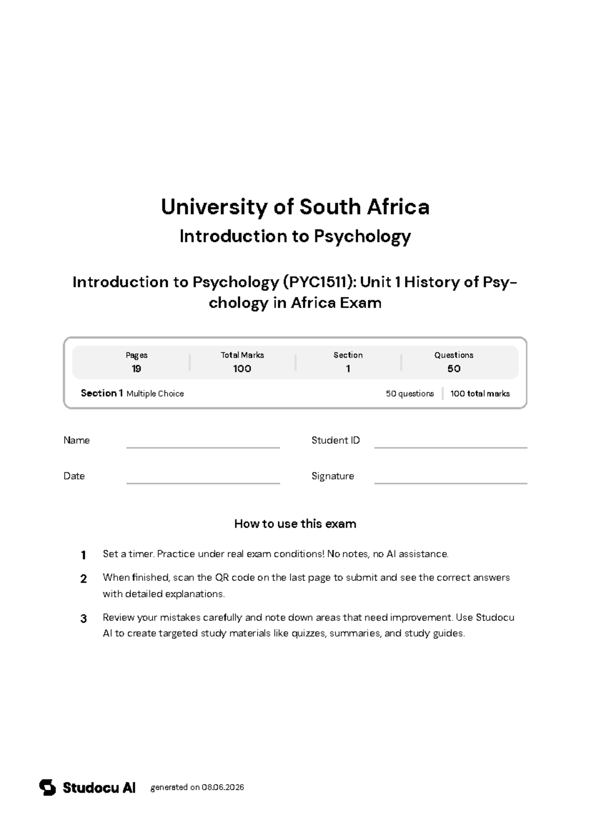PYC1511: Unit 1 History of Psychology in Africa Exam - Studocu