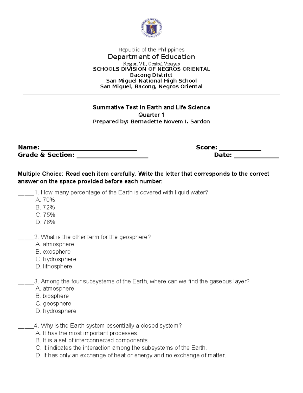 Q1-G11-Earth and Life Science Summative Test with Answer Key - Studocu