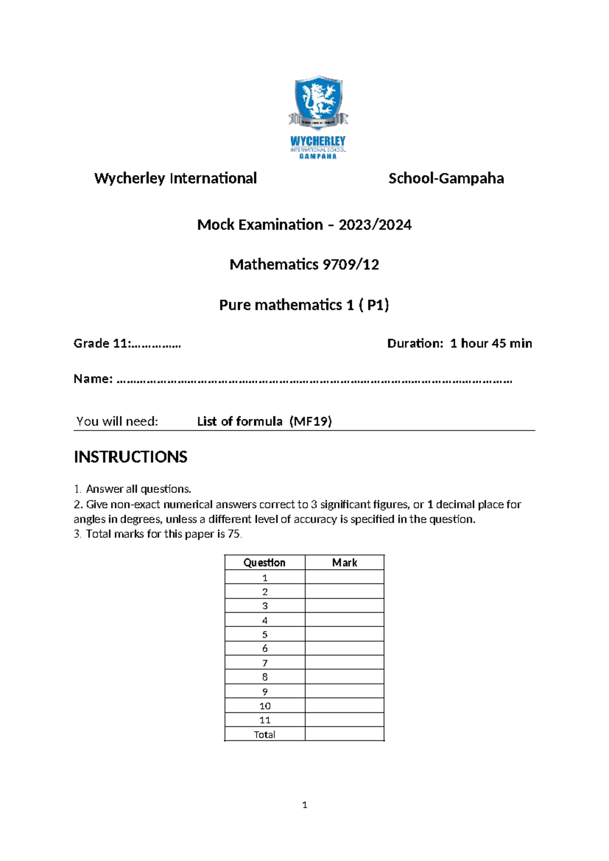 Pure 1- MOCK TEST Gr 11 - Foundation for Engineering Mathematics is an ...