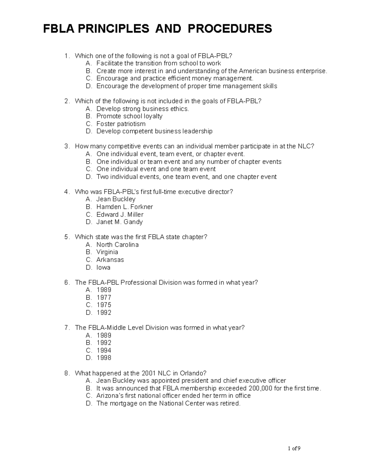 Arizona FBLA Test 1 - Principles and Procedures Quiz - Studocu