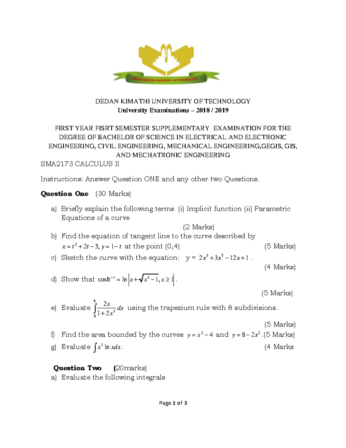 SMA 2173 Calculus II - Practice materials - Page 1 of 3 DEDAN KIMATHI ...