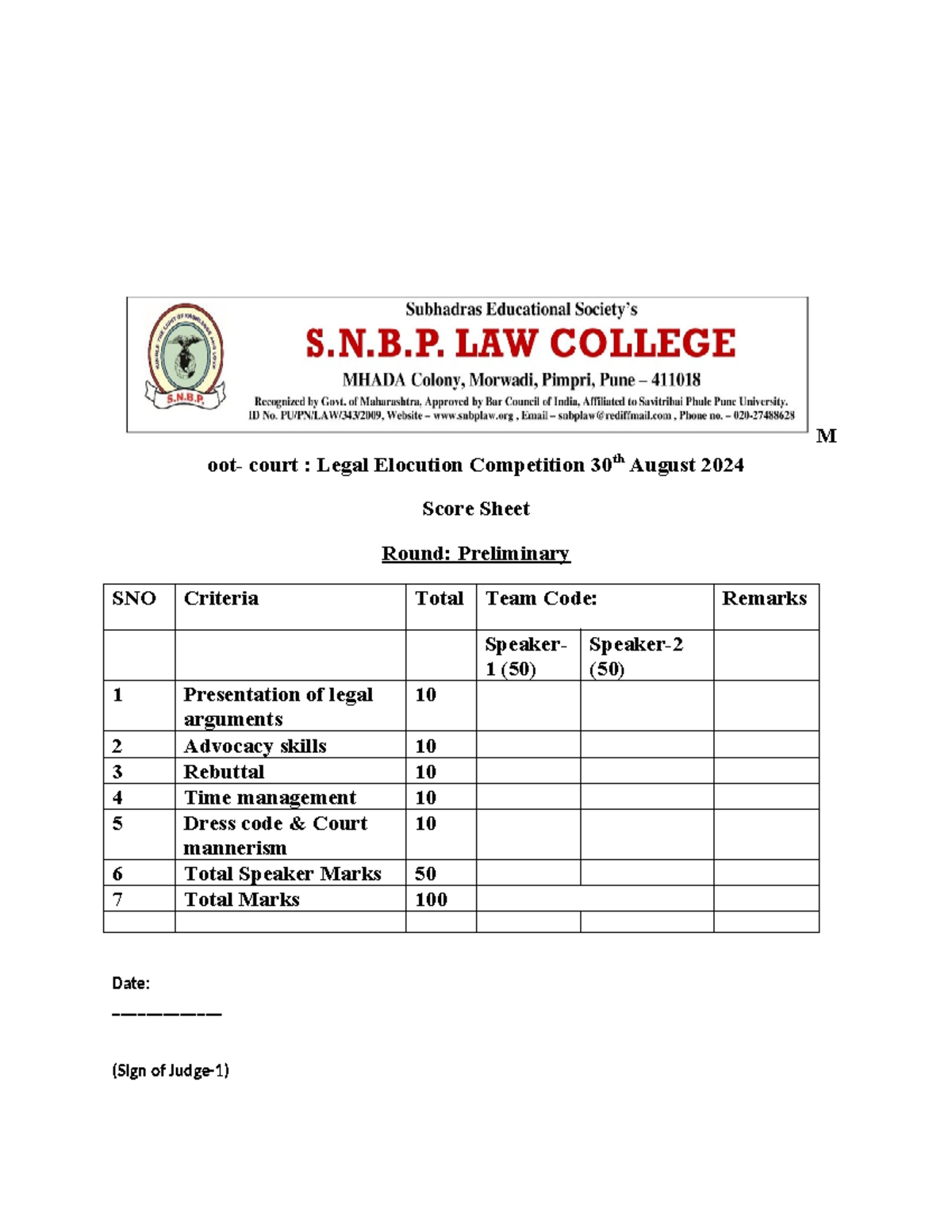 Moot Court Legal Elocution Competition Judgement Sheets - Aug 30, 2024 ...