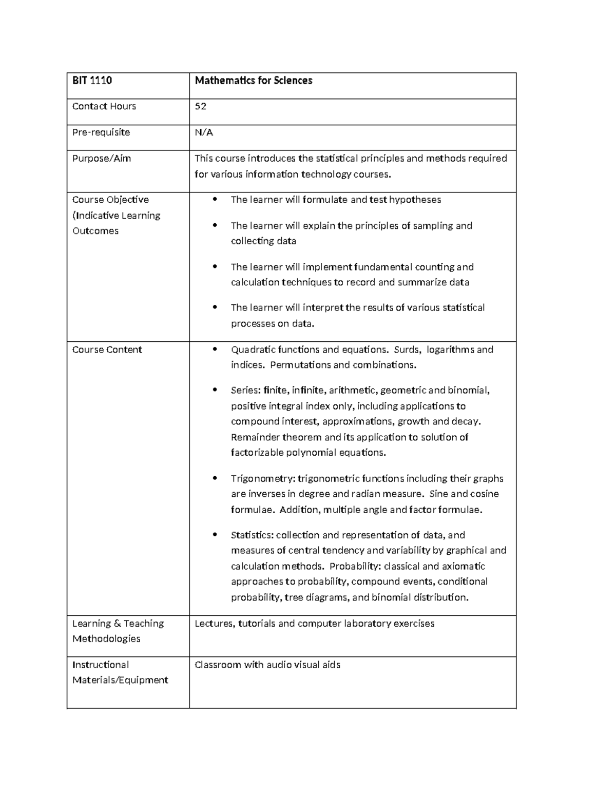 BIT Mathematics for Sciences - Lecture Notes - Studocu