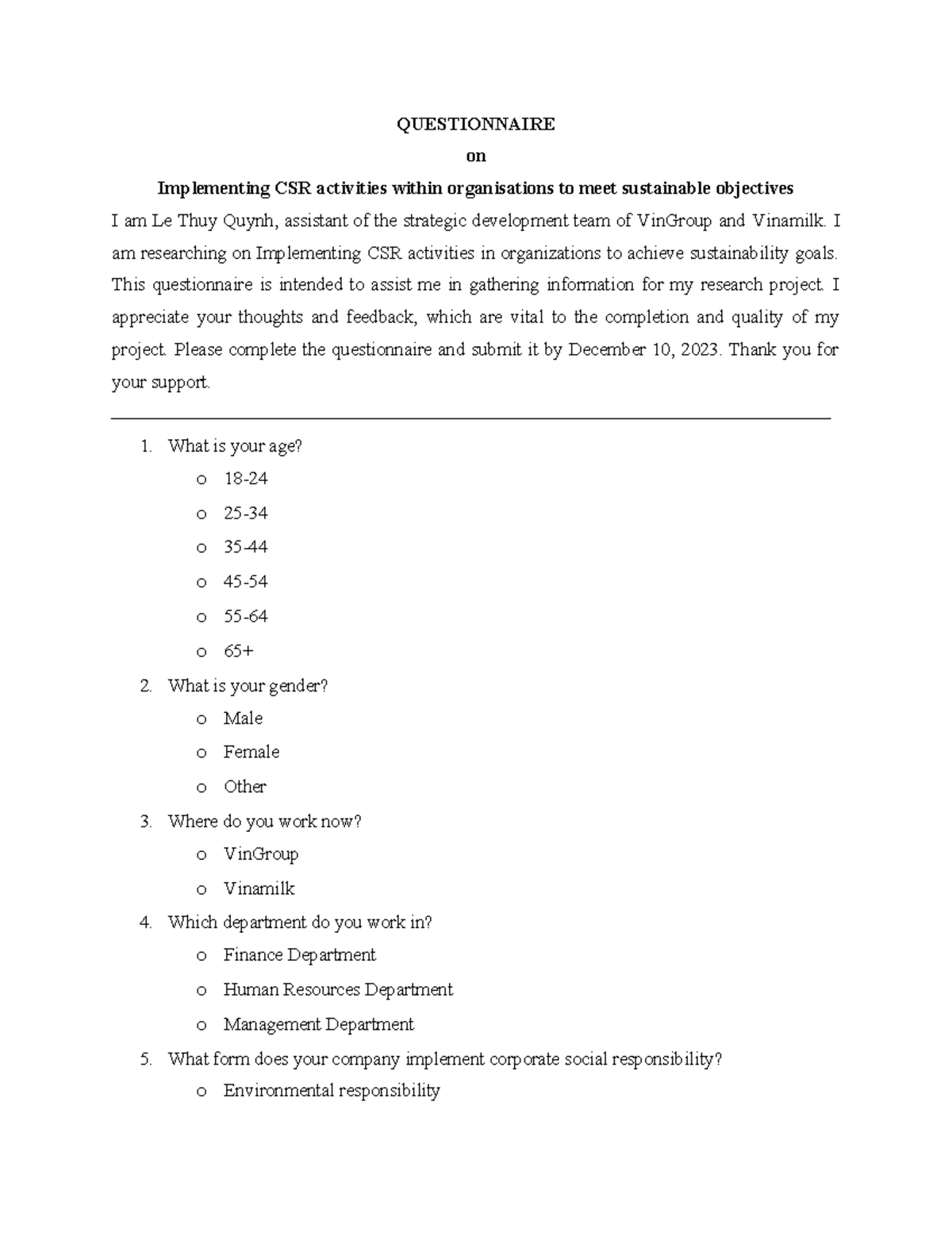 Questionnaire on CSR Implementation for Sustainable Goals - HBNM - Studocu