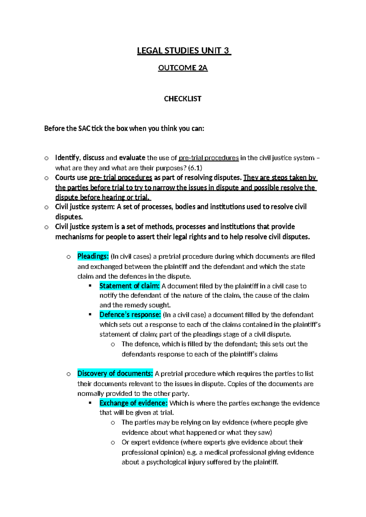 Unit 3 Legal Studies Outcome 2A Checklist for SAC Preparation - Studocu