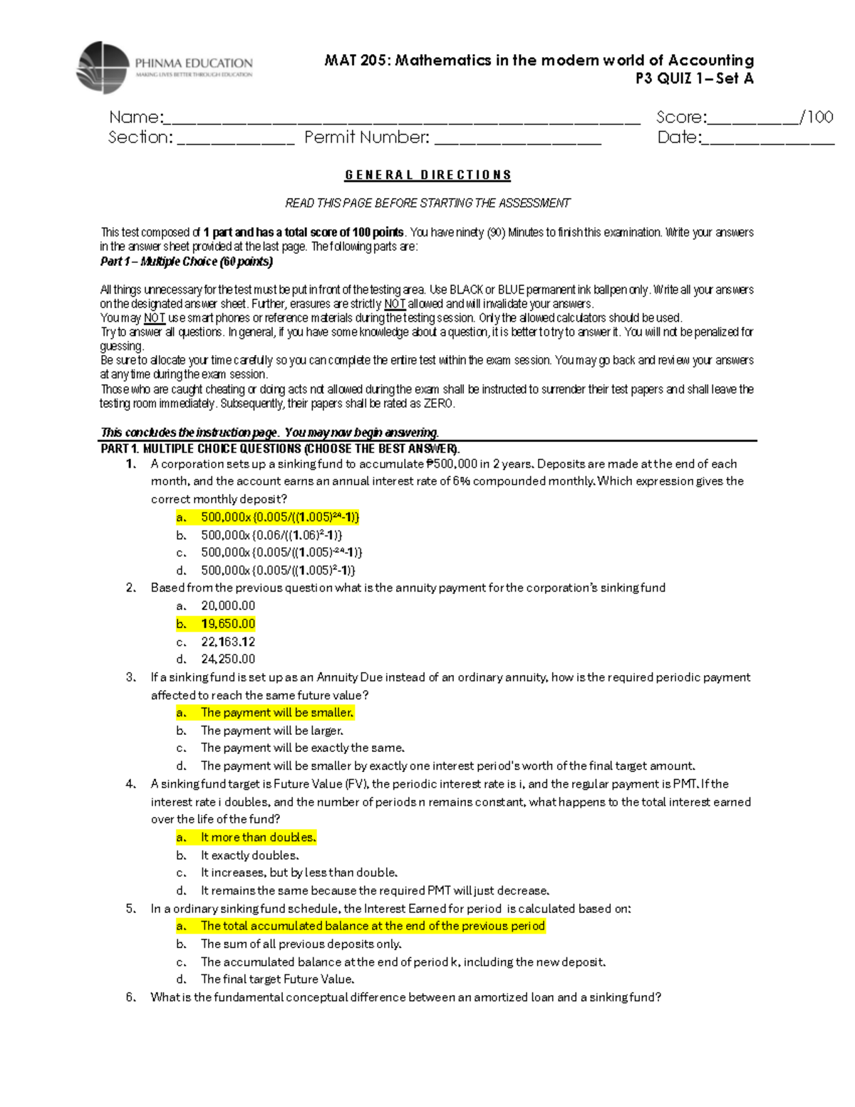 MAT 205: Mathematics in Accounting P3 Quiz Set A Teacher Copy - Studocu