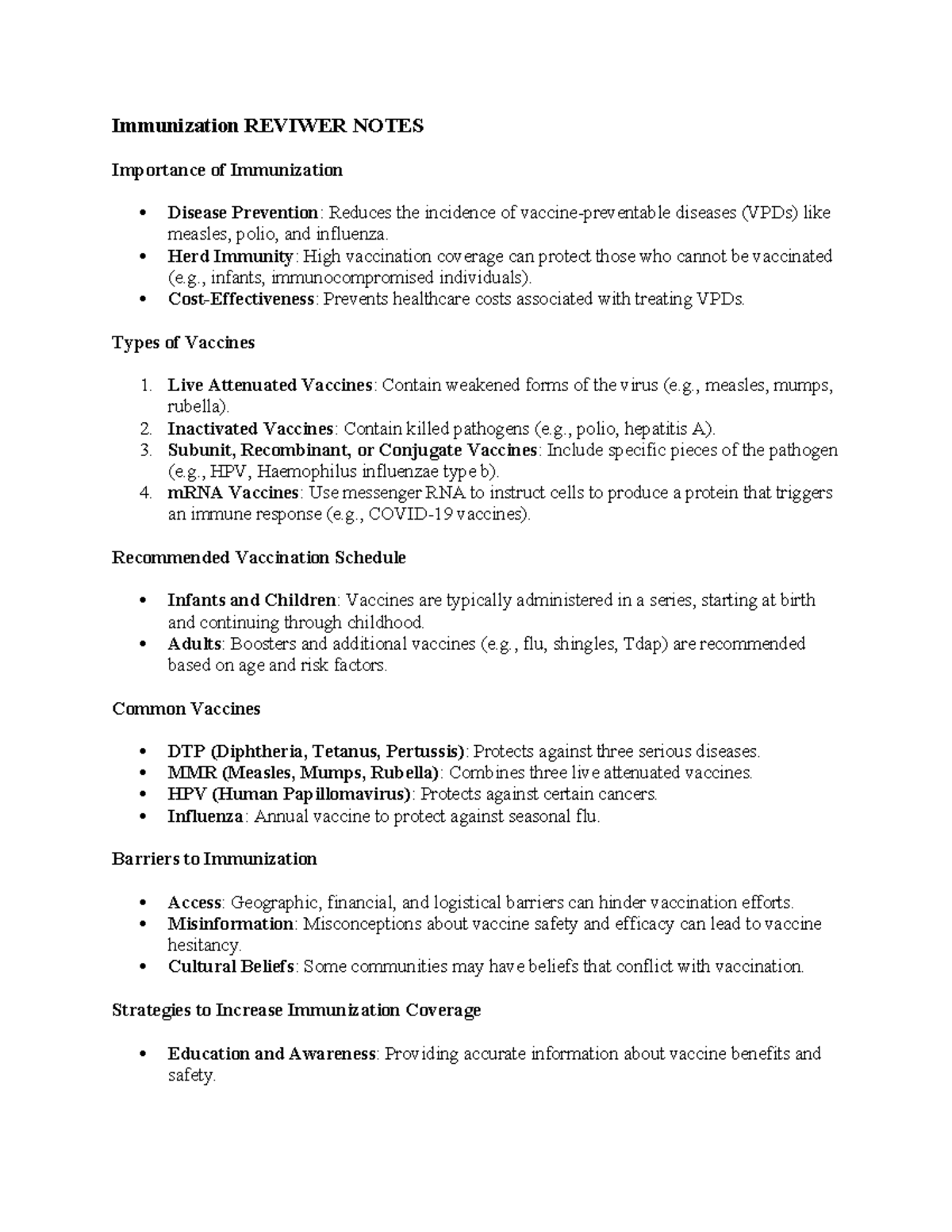 Immunization (CHN) - Chn - Immunization REVIWER NOTES Importance of ...