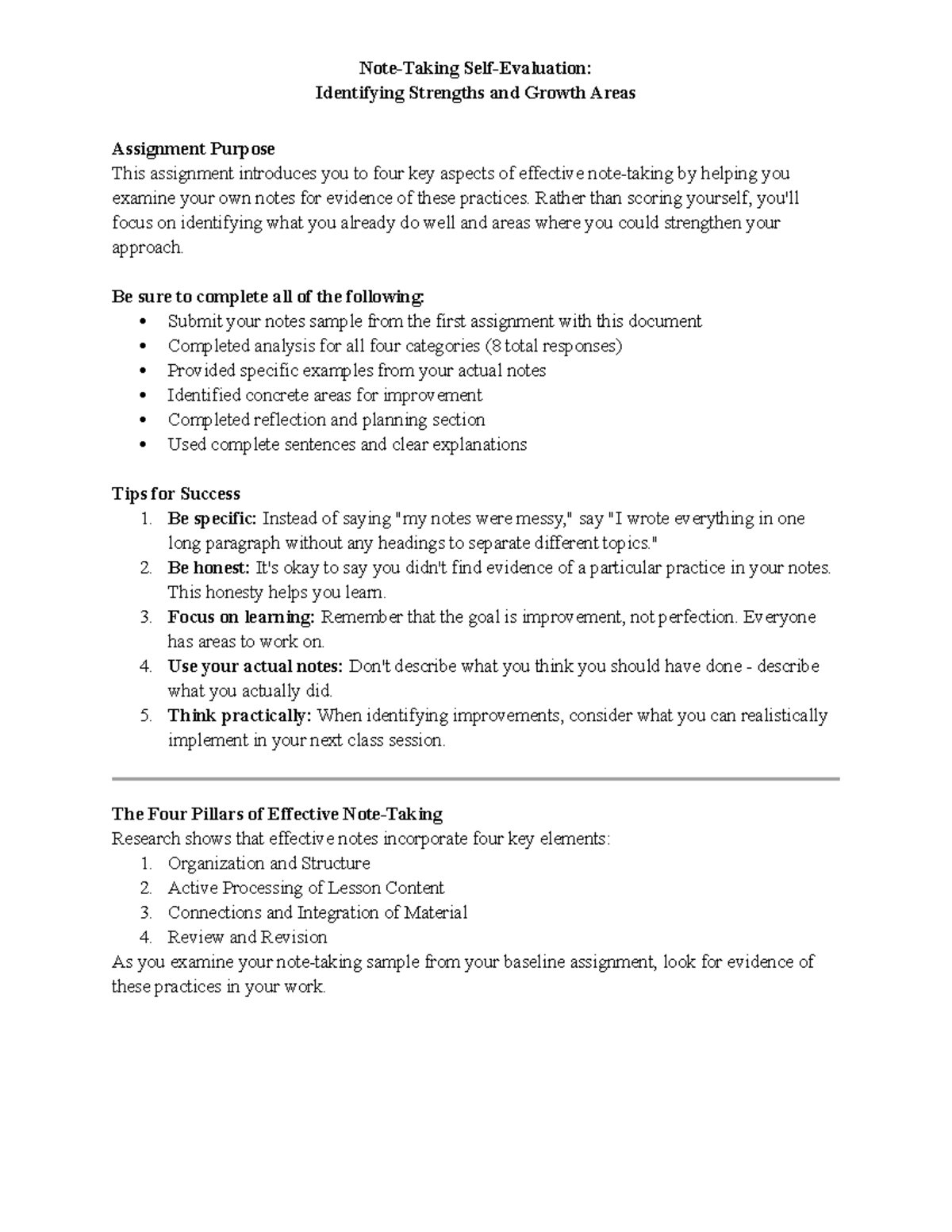 Note-Taking Self-Evaluation Assignment-1: Identifying Strengths ...