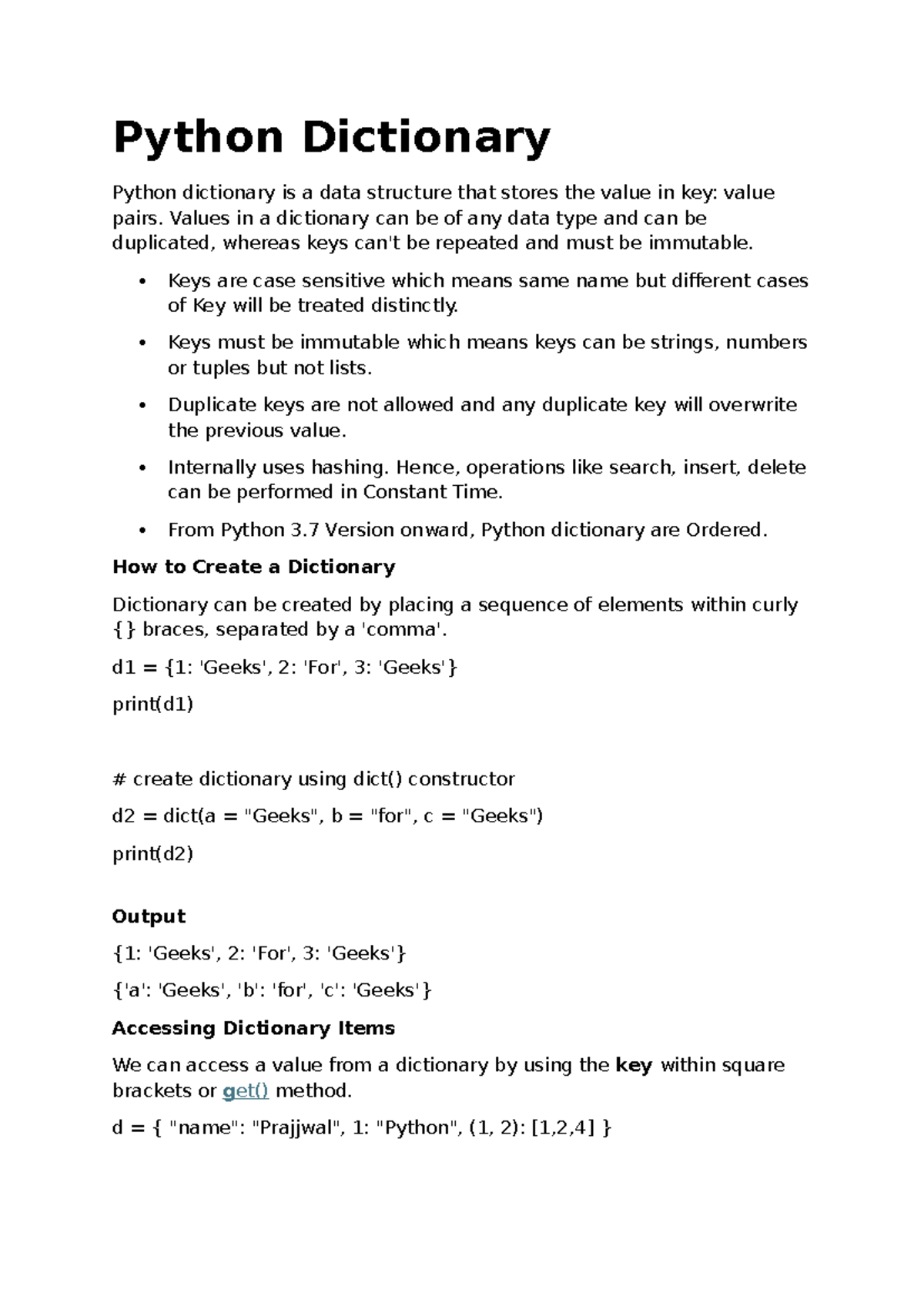 Python Dictionary Overview and Methods - CS101 Lecture Notes - Studocu