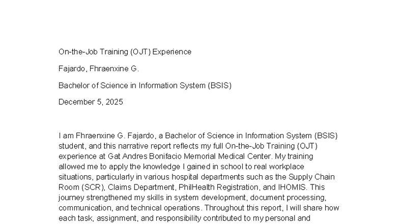 OJT Experience Report: Insights from Gat Andres Bonifacio Medical ...