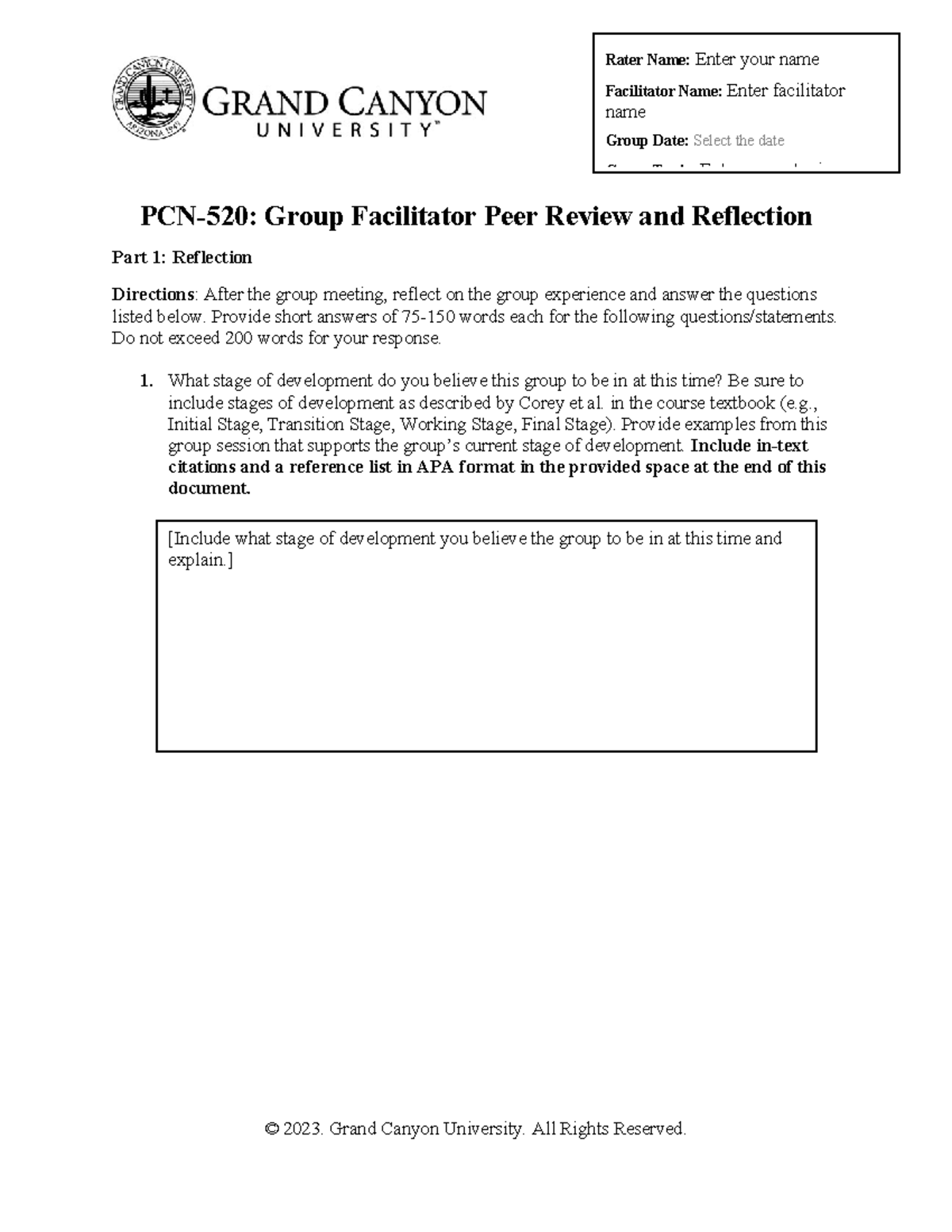 PCN-520: Group Facilitator Peer Review & Reflection Form T2-T7 - Studocu