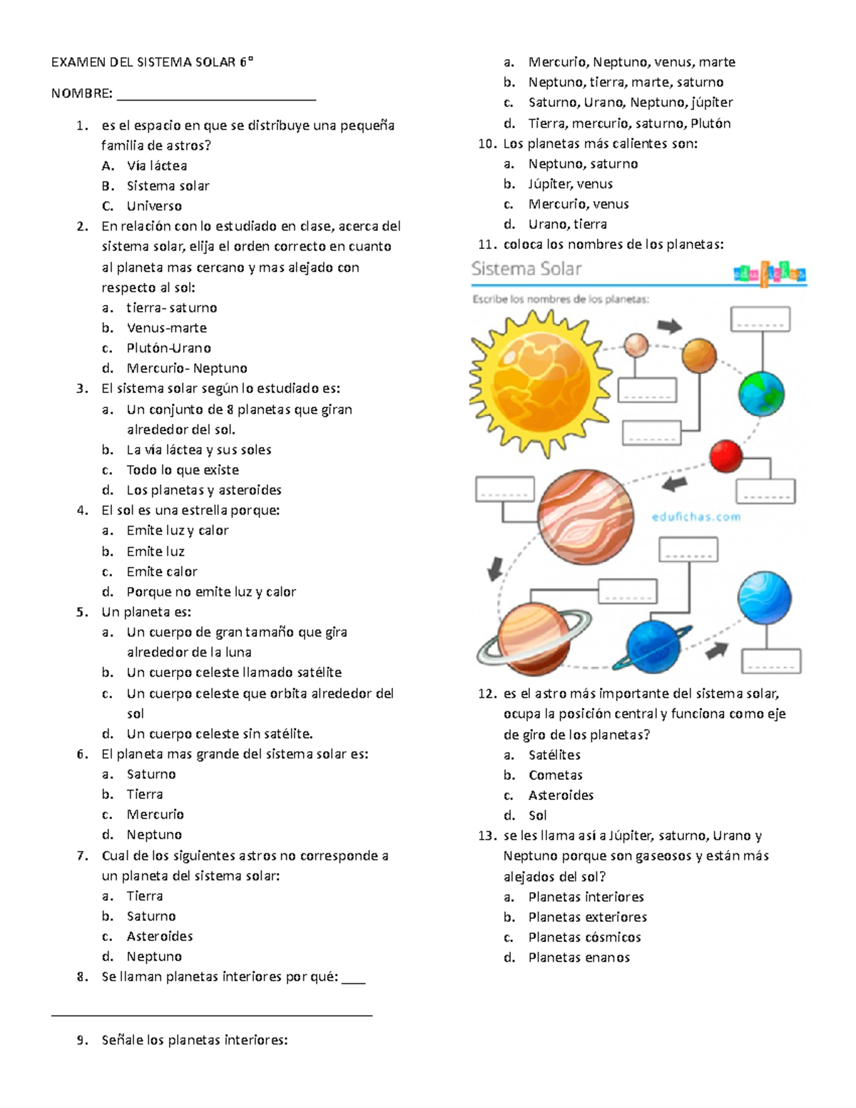 Prueba Del Sistema Solar 6to Grado Clase Modelo; EL SISTEMA SOLAR