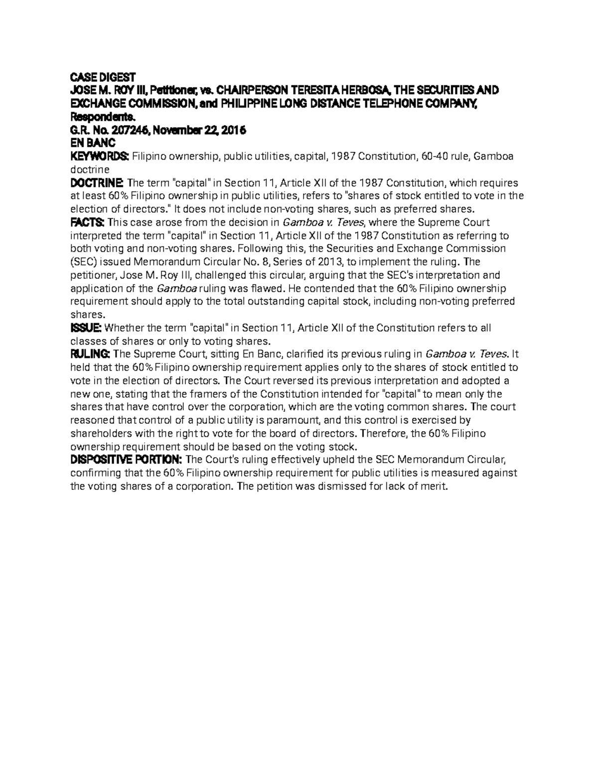 ASE C OSE M. ROY vs. CHAIRPERSON HERBOSA: G.R. No. 207246 Case Study ...