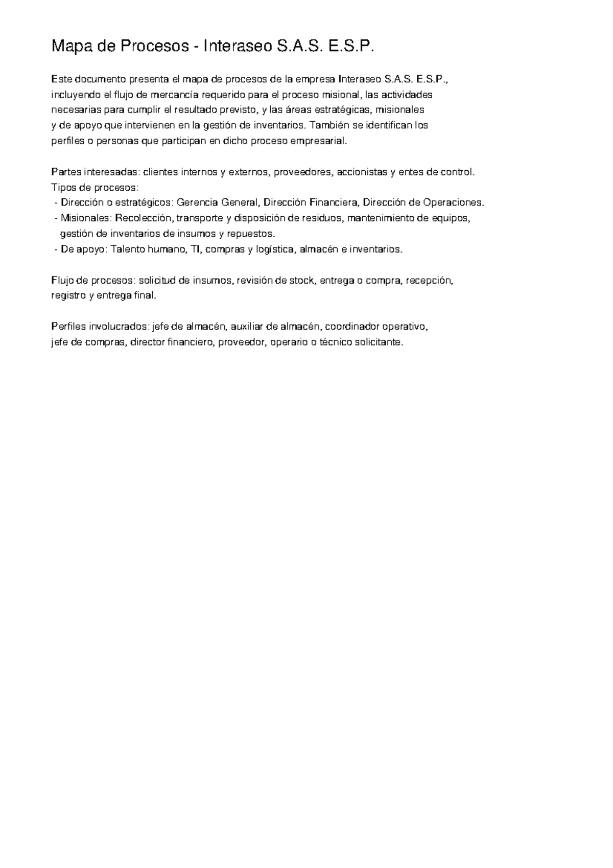 Mapa de Procesos de Interaseo S.A.S. E.S.P. - Documento Integrado - Studocu