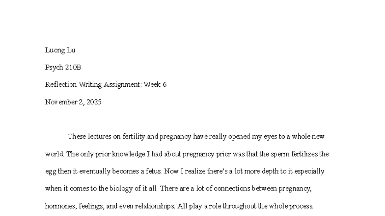 Psych 210B Reflection: Insights on Fertility & Pregnancy - Studocu