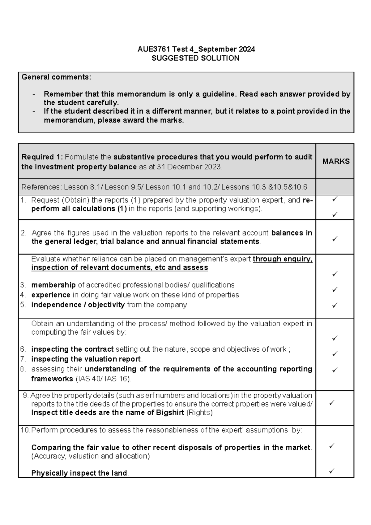 AUE3761 Test 4 September 2024 Suggested Solutions and Audit Procedures ...