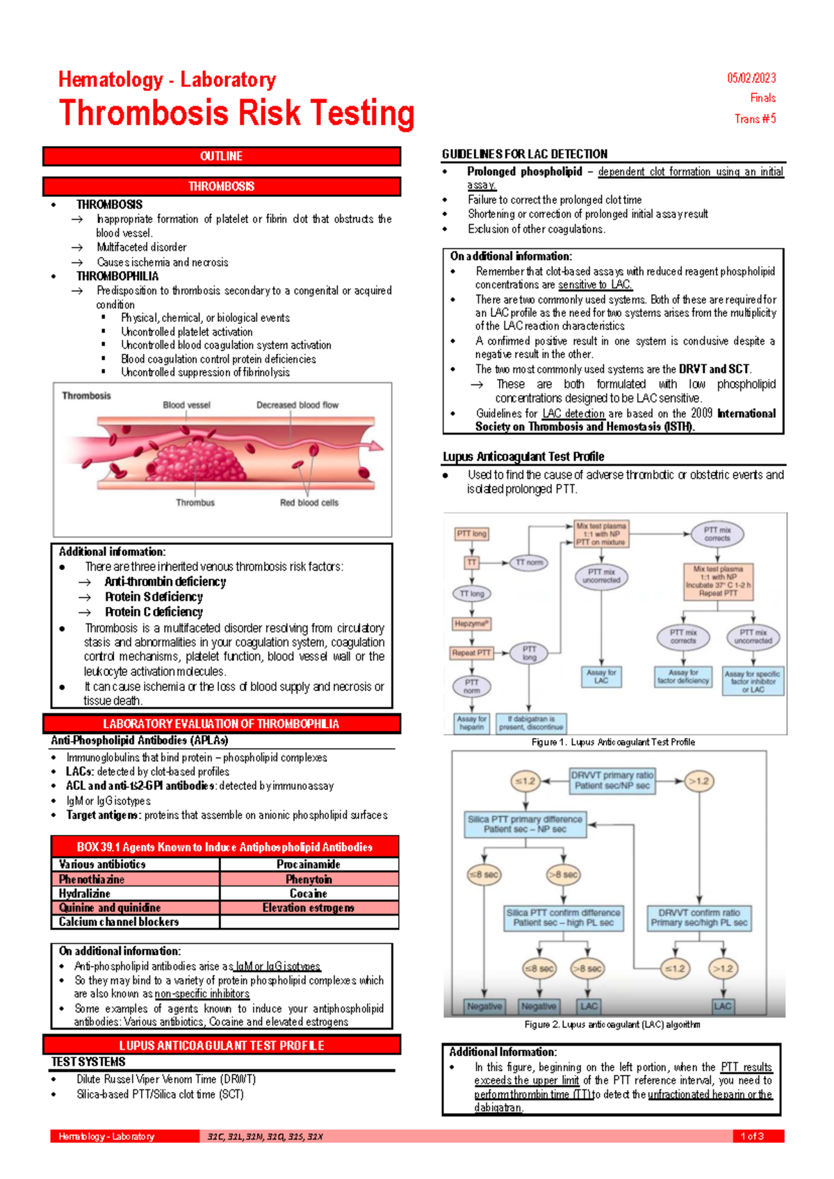 F-Trans 5 Hematology 2Lab Final Exam: Thrombosis Risk Assessment ...