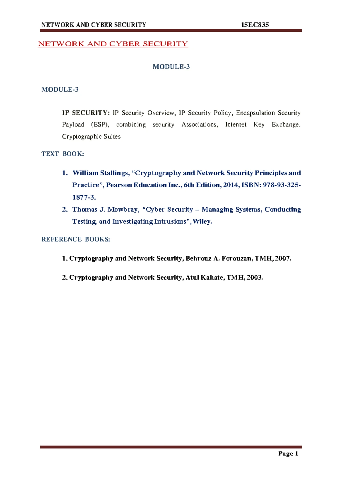 15EC835-NCS-module 3 - ... - Module- IP Security: IP Security Overview, IP Security Policy ...