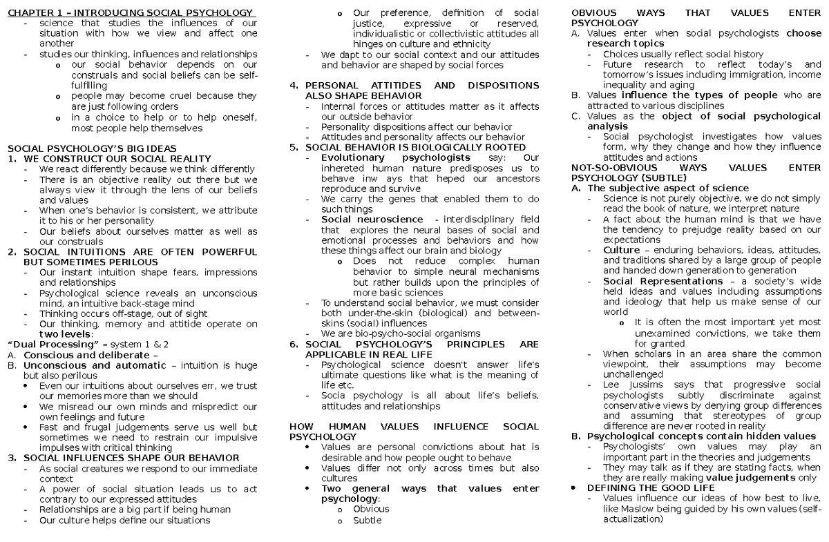 SOCIAL PSYCHOLOGY (PSY 101) CHAPTER 1-9 REVIEW NOTES - Studocu