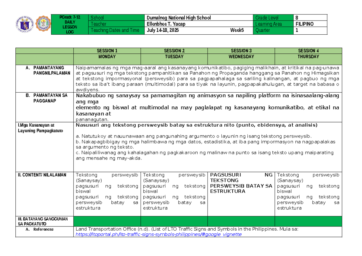 Filipino 8 Daily Lesson Log: Week 5 Activities and Assessments - Studocu