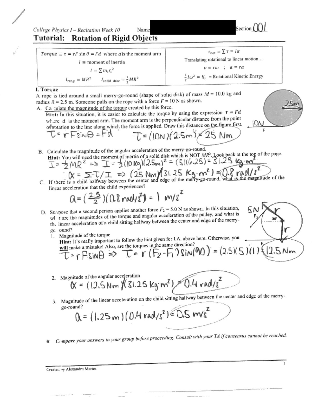 Recitation Wk10 Torque&Rotation - PHYS2001 - Studocu