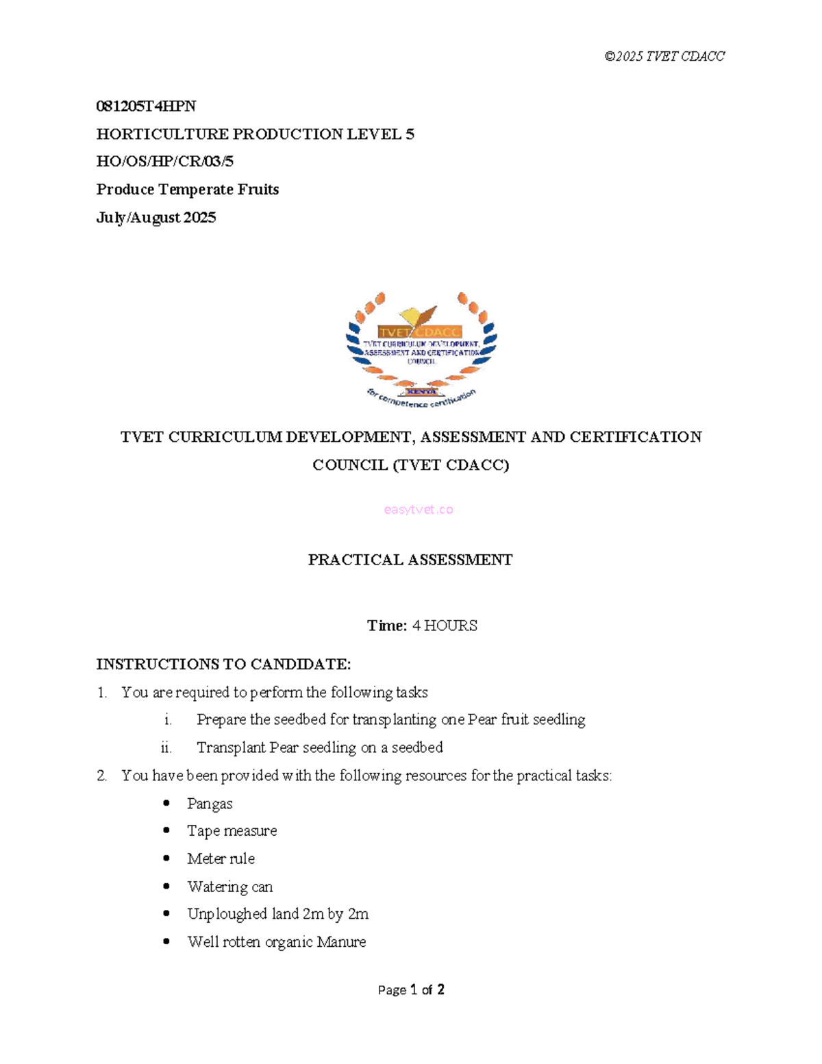 TVET CDACC 081205T4HPN Horticulture Production Level 5 Practical ...